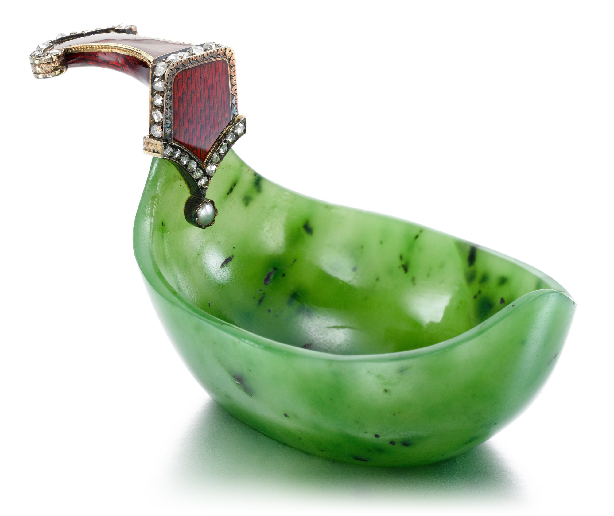 An important Fabergé miniature jewelled, nephrite and guilloché enamel ...
