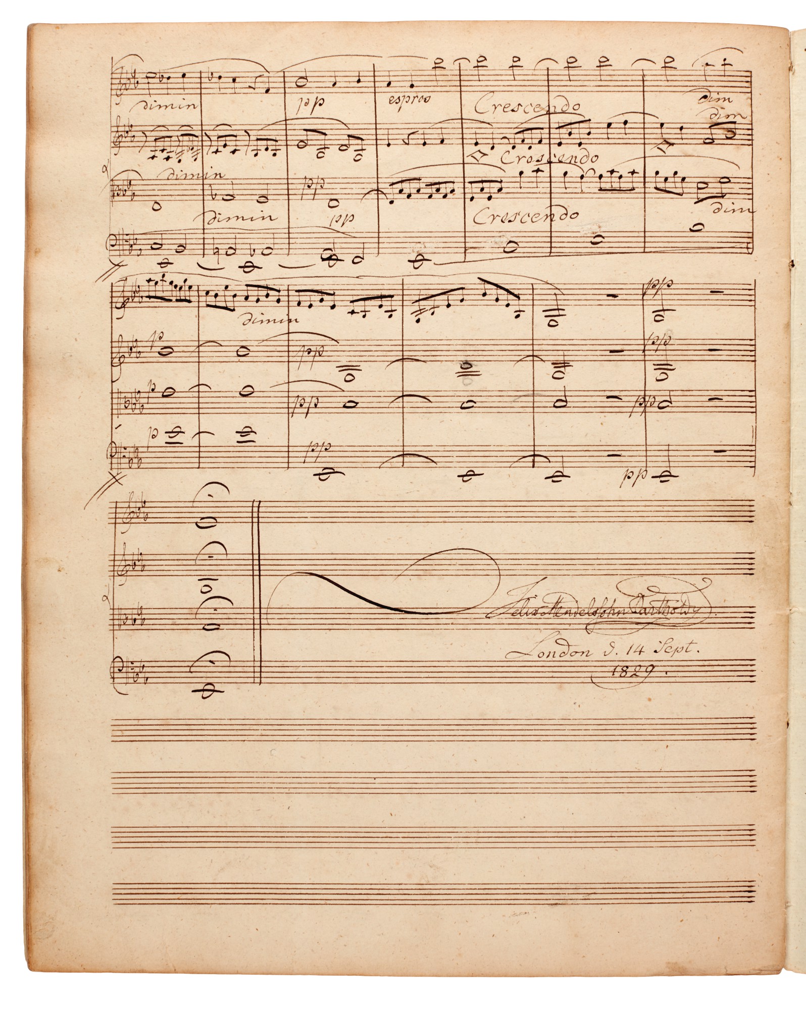 F. Mendelssohn. Manuscript of the String Quartet in E-flat op.12, with ...