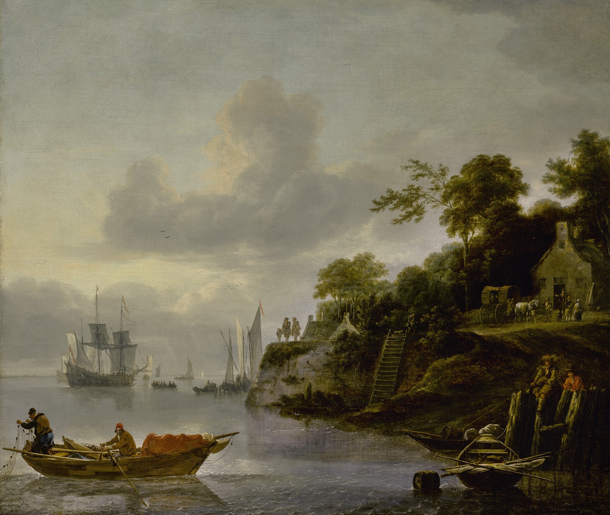 LIEVE PIETERSZ. VERSCHUIER | A RIVER ESTUARY WITH FISHERMAN CASTING ...
