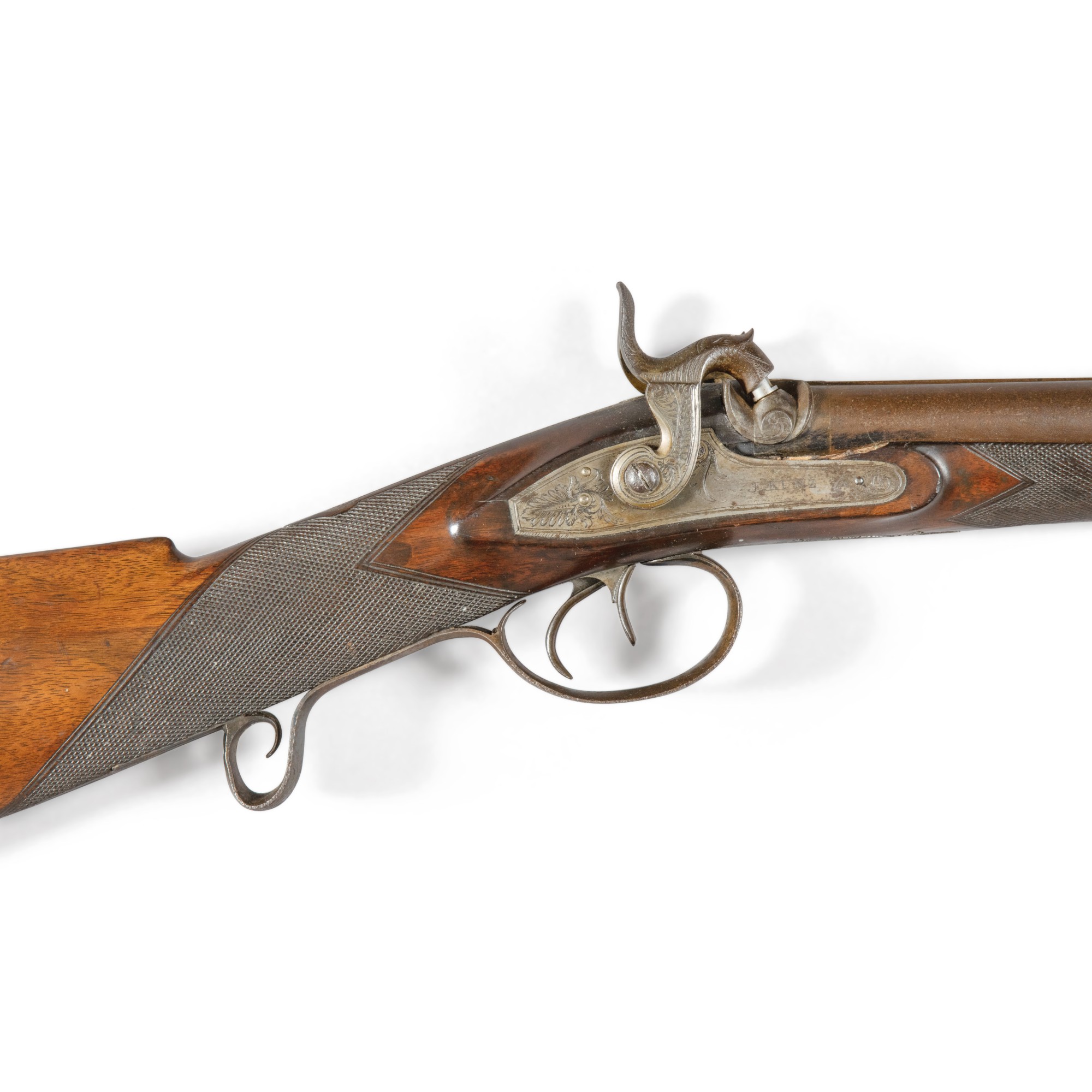 Fine Carved Walnut, Engraved Steel, and Silver-Mounted Double-Barreled ...