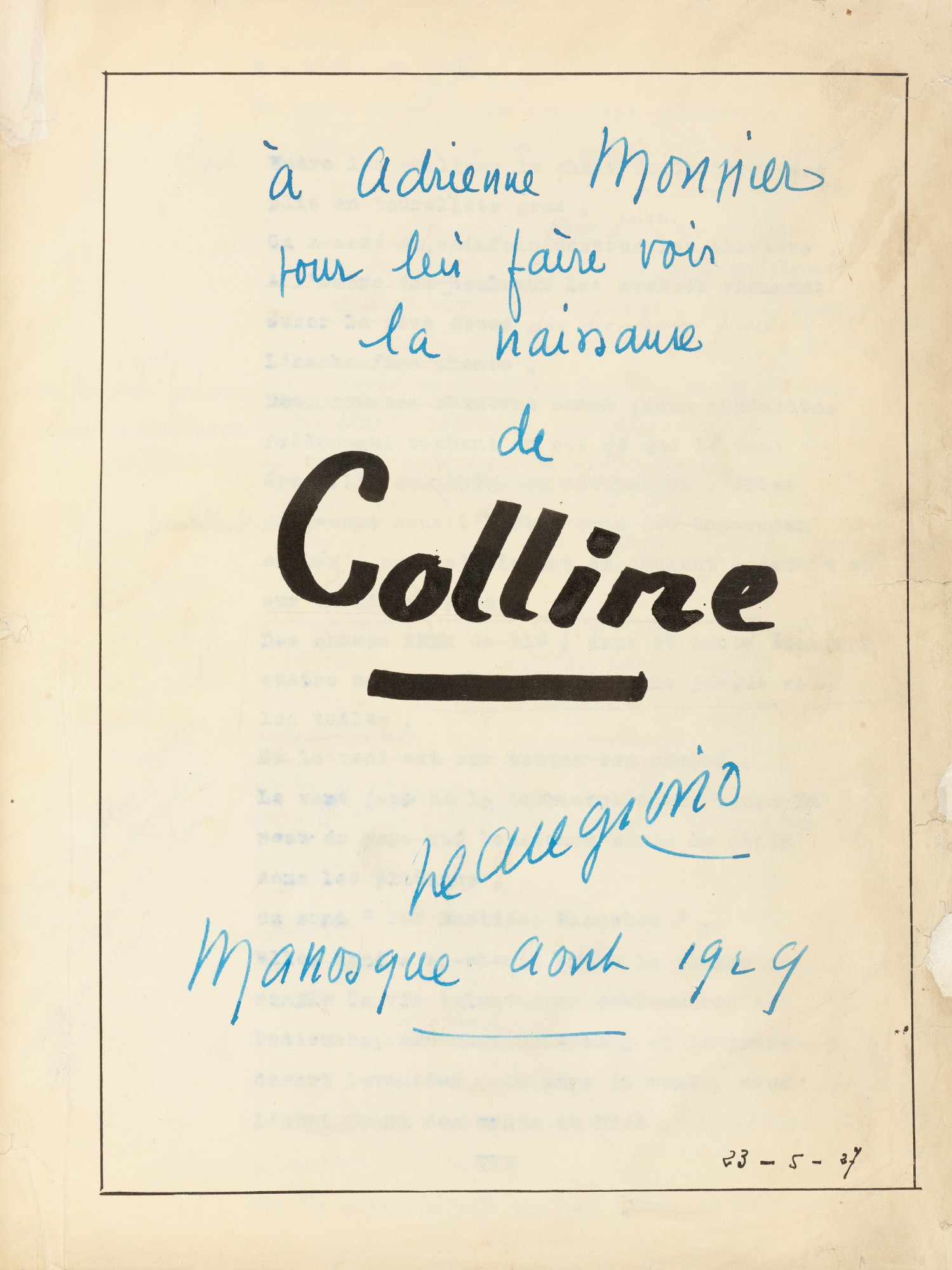 GIONO. Colline. Copie carbone complète (151 ff), avec de nombreuses ...