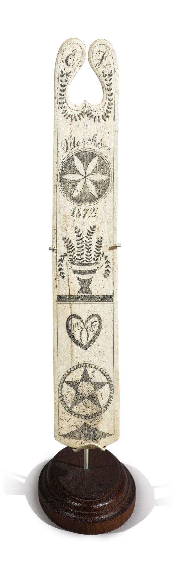 A Heart-Pierced and Engraved Scrimshaw Whalebone Busk, Probably New ...