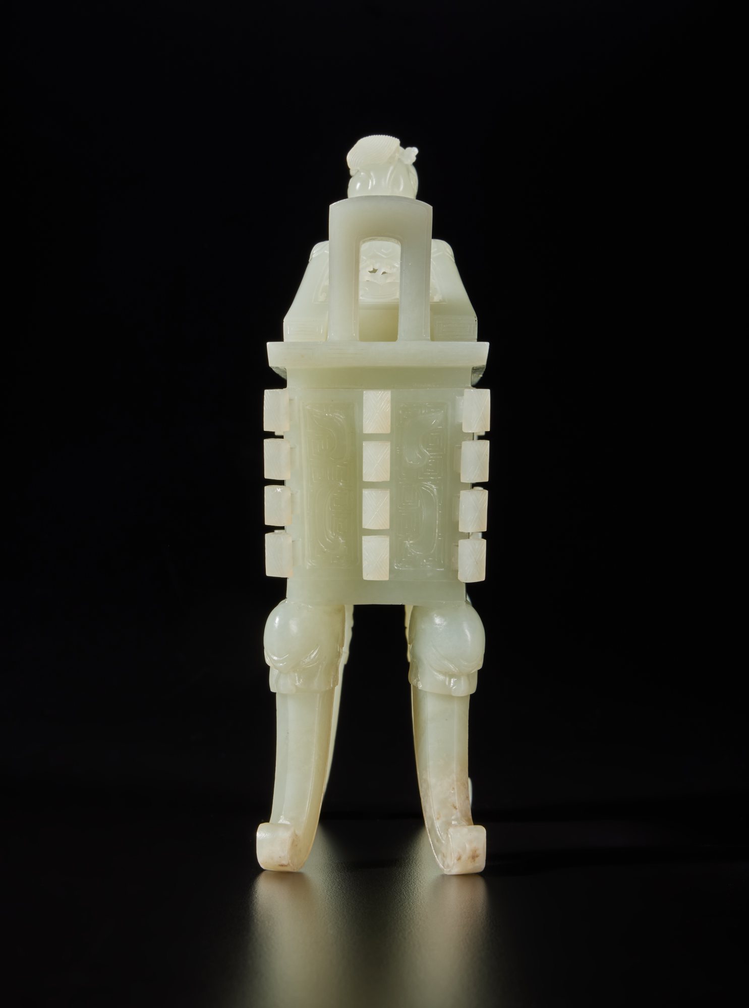 An archaistic pale celadon jade censer and cover (Fang ding), Qing ...