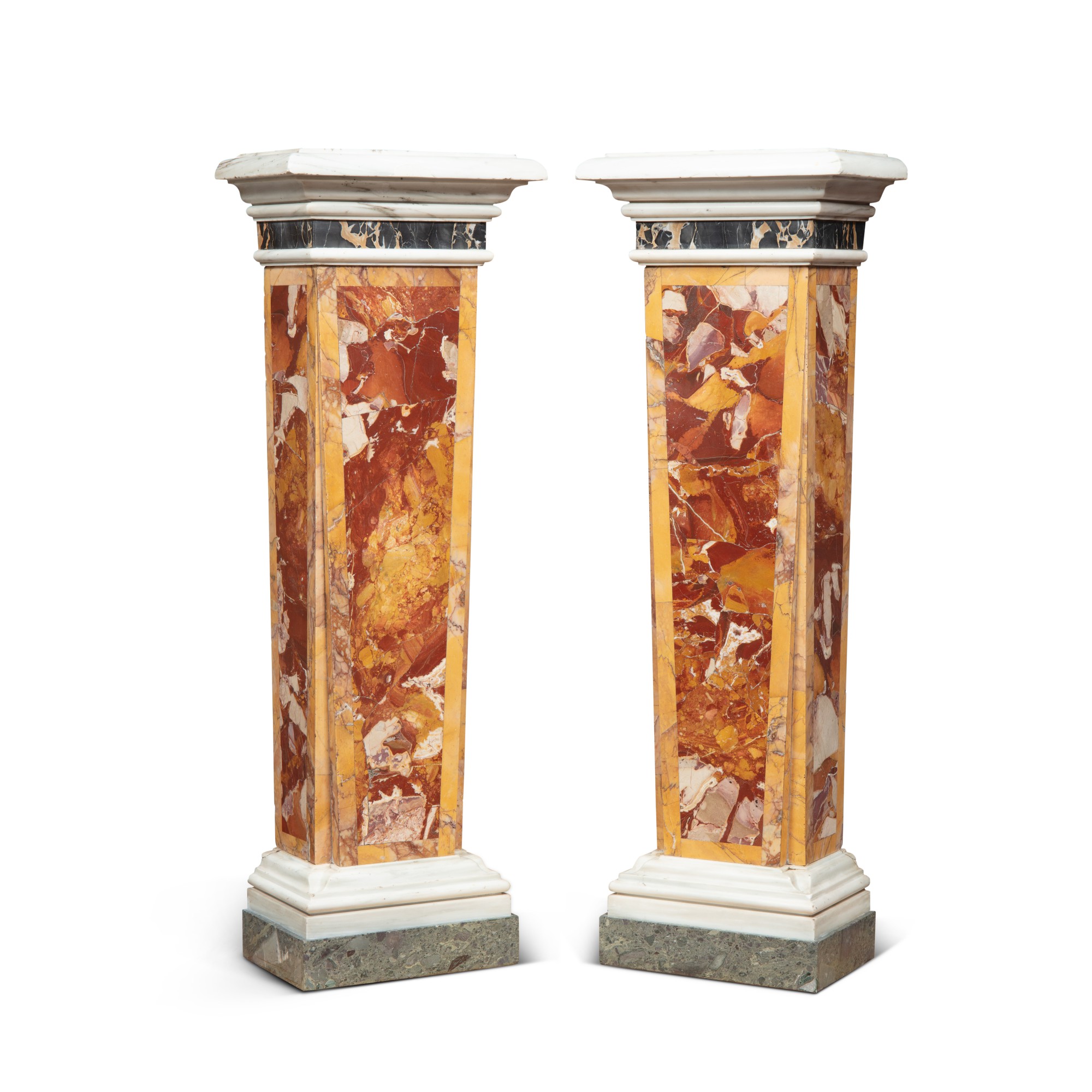 A pair of Italian Siclian jasper and giallo di Siena pedestals, 18th ...