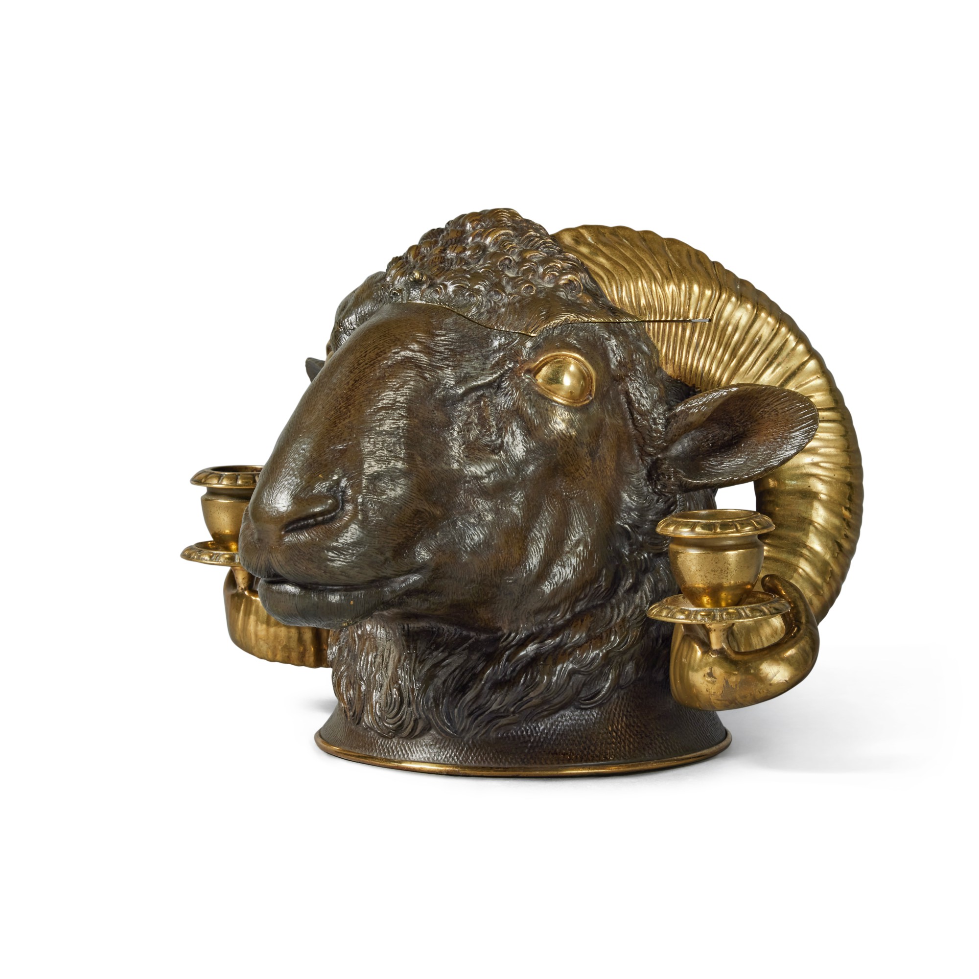 A Victorian Gilt and Patinated Bronze Ram's Head Inkwell, Second Half ...