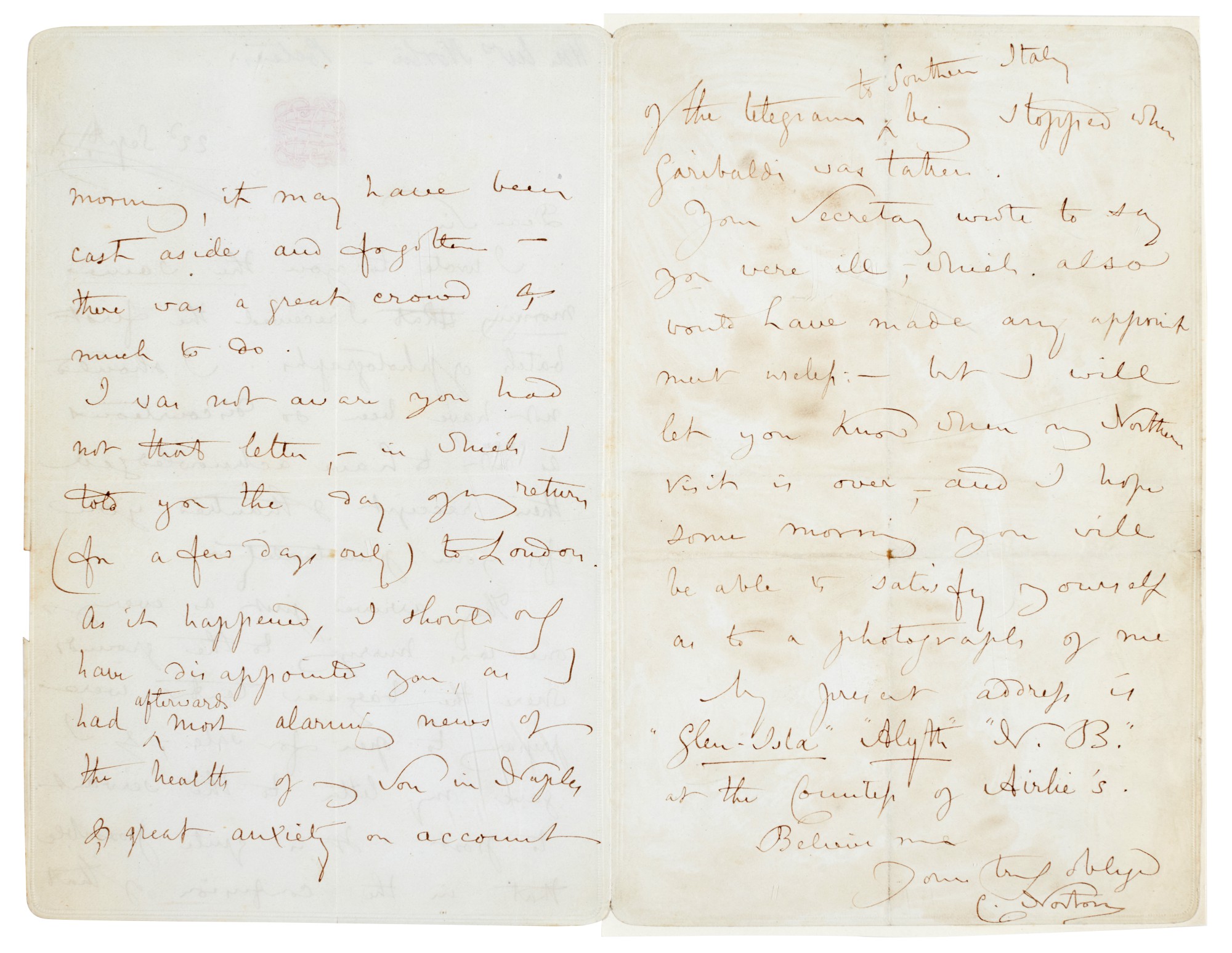 Caroline Norton | Two autograph letters signed, to John Watkins, with a ...