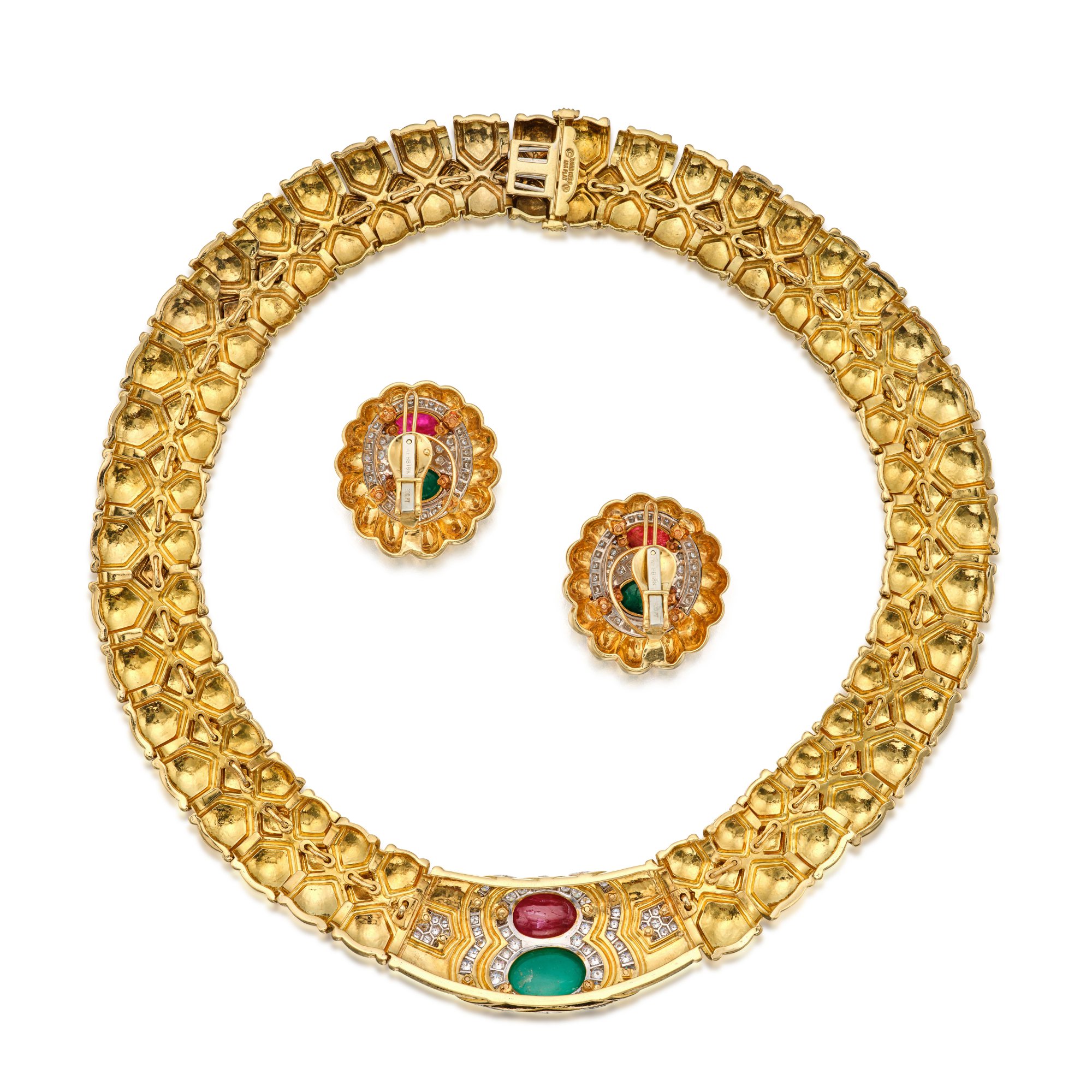 Gold, Emerald, Ruby and Diamond Necklace and Pair of Earclips ...