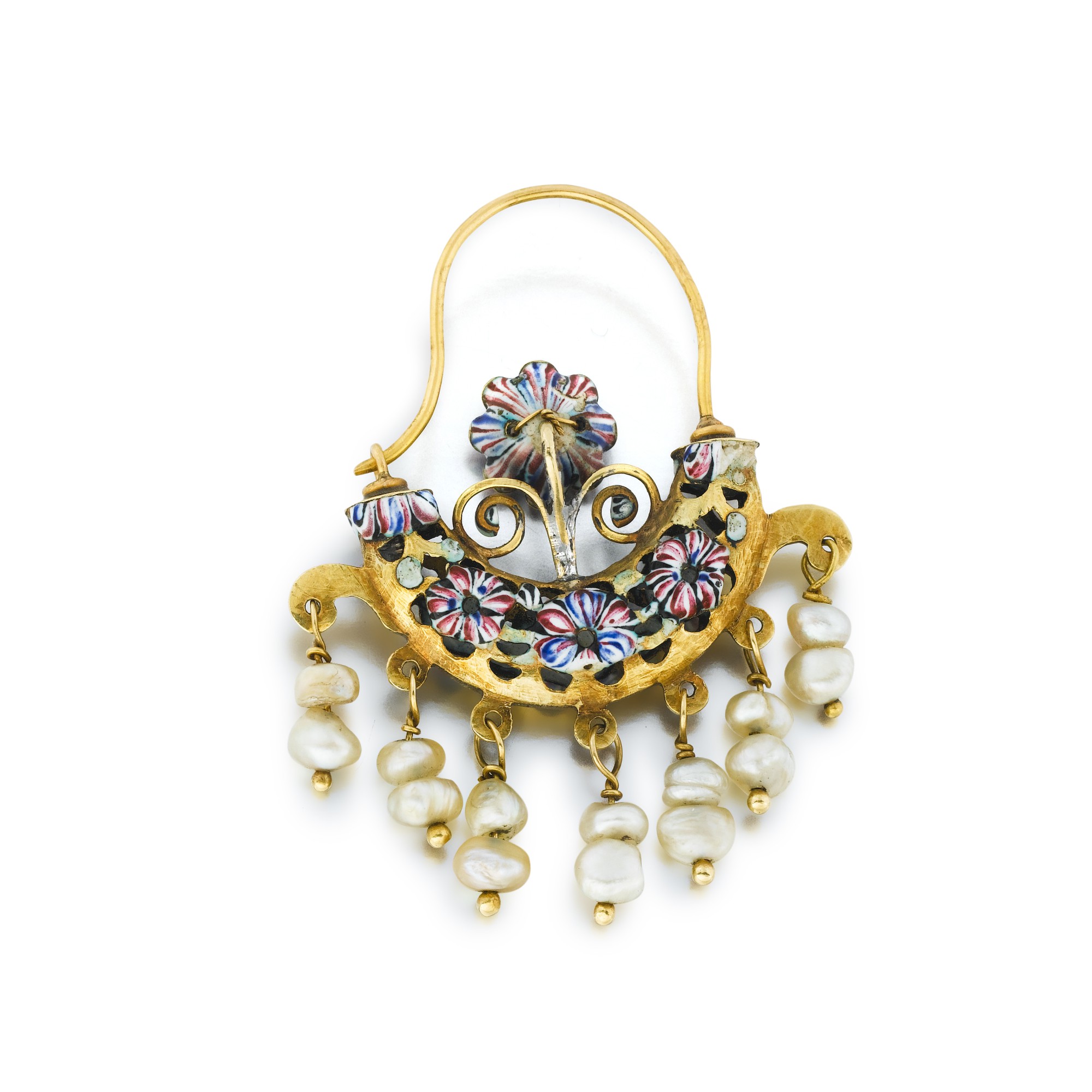 An enamel, baroque pearl and gold earring in shape of an Arch, South ...
