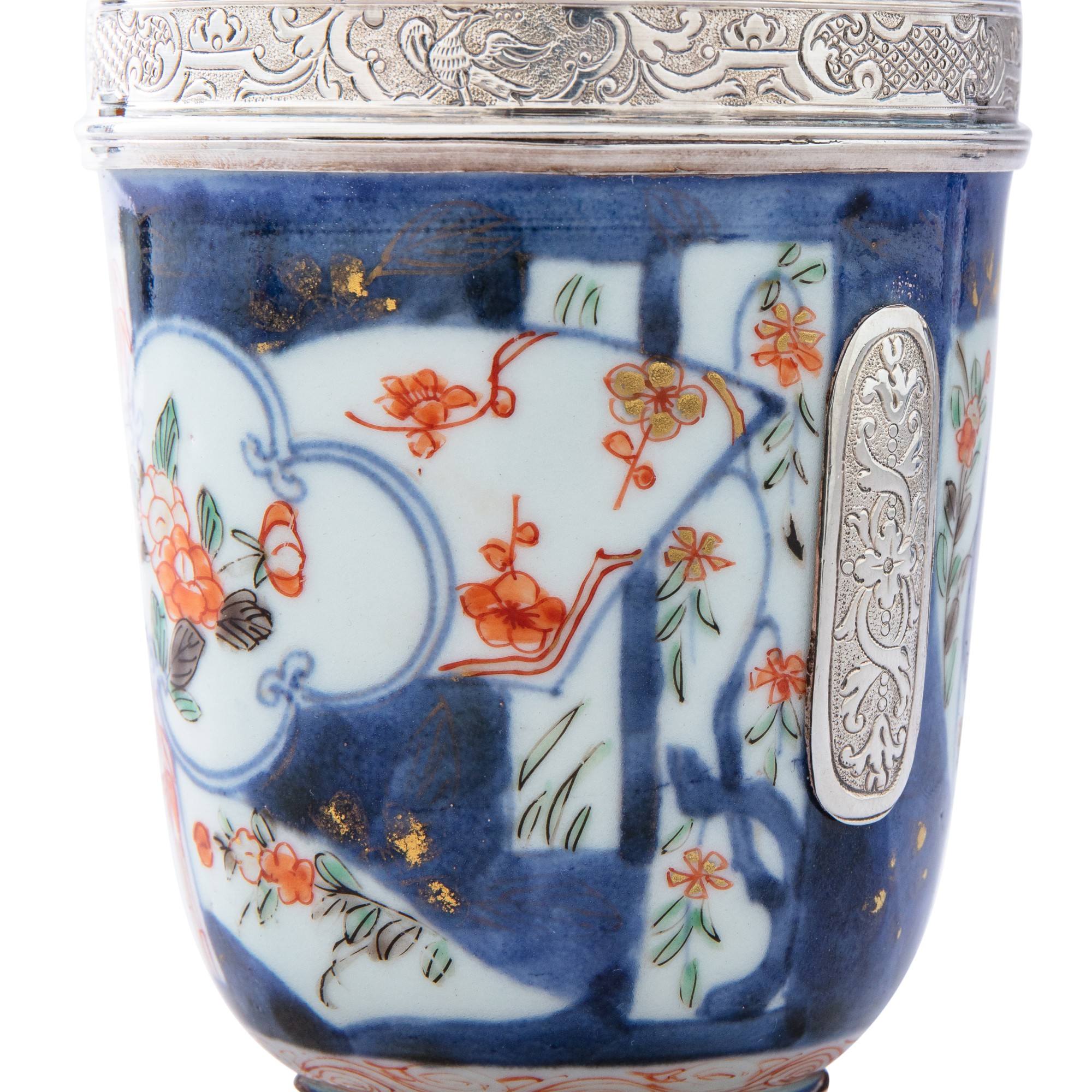 A pair of French silver-mounted Imari Japanese porcelain beakers and ...