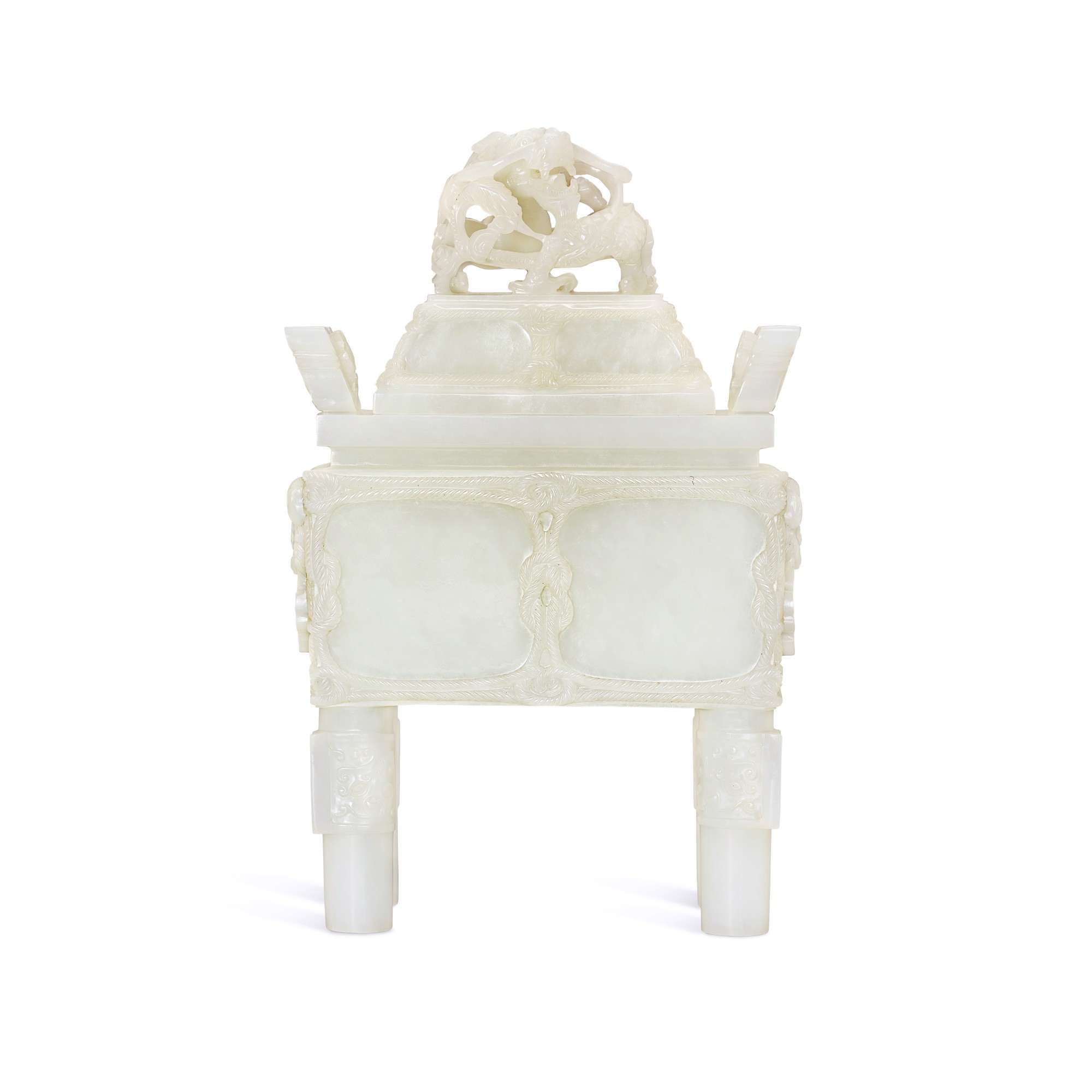 A rare white jade vessel and cover, fangding, Seal mark and period of ...