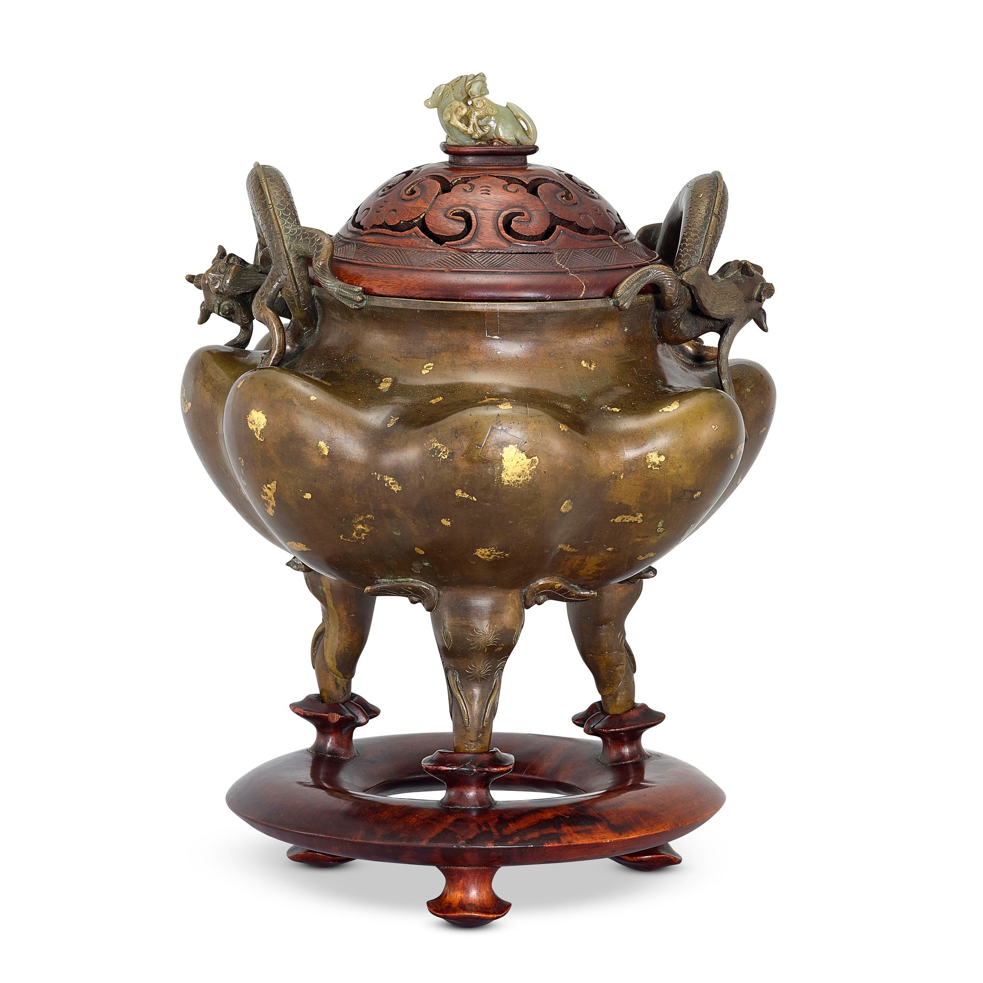 A LARGE GOLD-SPLASHED BRONZE 'CHILONG' INCENSE BURNER LATE MING DYNASTY ...