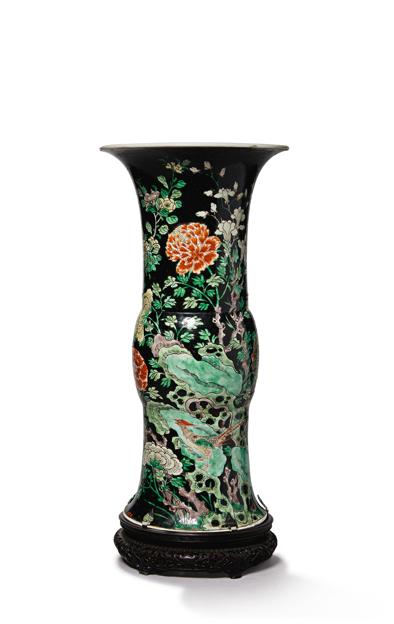A FAMILLE-NOIRE 'BIRD AND FLOWER' BEAKER VASE, THE PORCELAIN 18TH ...