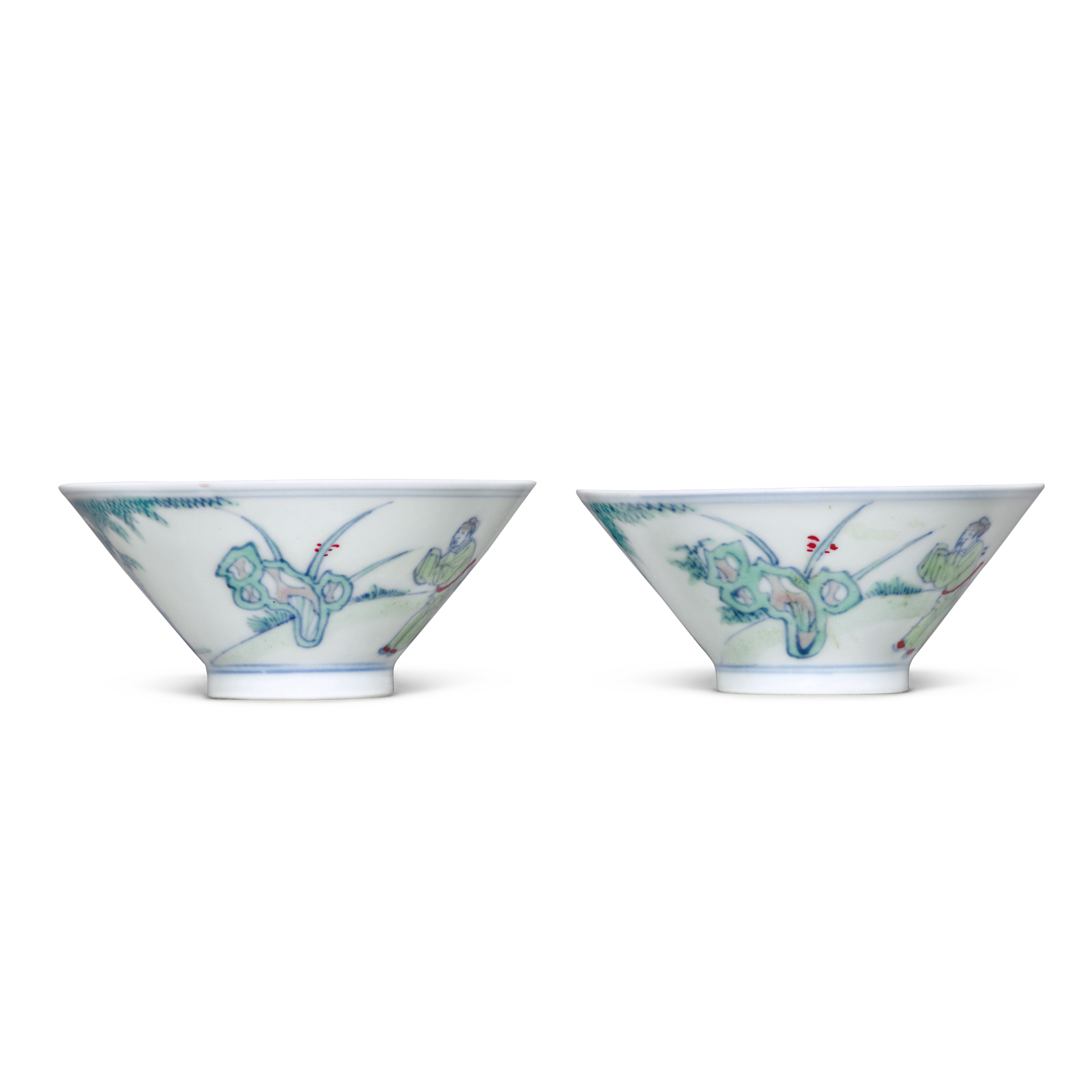A pair of rare anhua-decorated doucai conical bowls, Qing dynasty ...