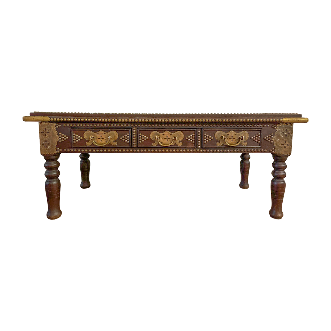Vintage Carved Teak And Brass Studded Three-Drawer Coffee Table ...