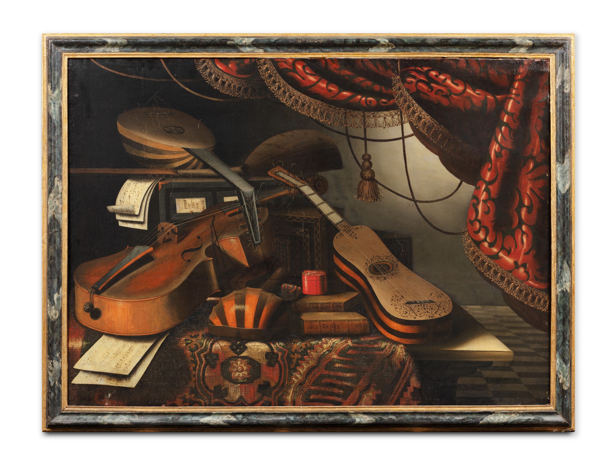 Still life with musical instruments and a red drapery; Still life with ...
