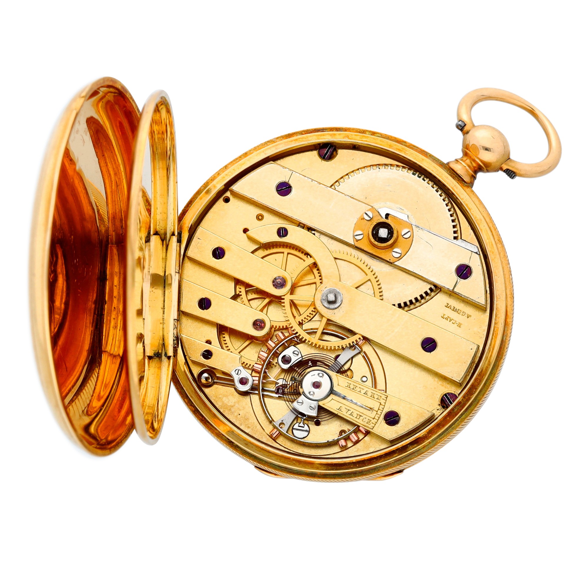 A gold open-faced pivoted detent pocket chronometer watch with day and ...