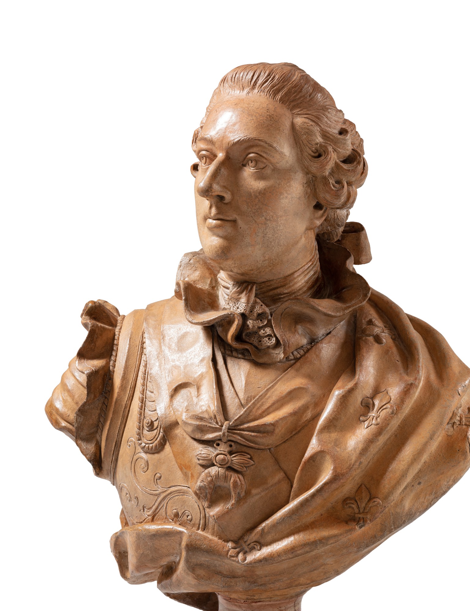 A French patinated terracotta bust of Louis XV, after Jean-Baptiste II ...