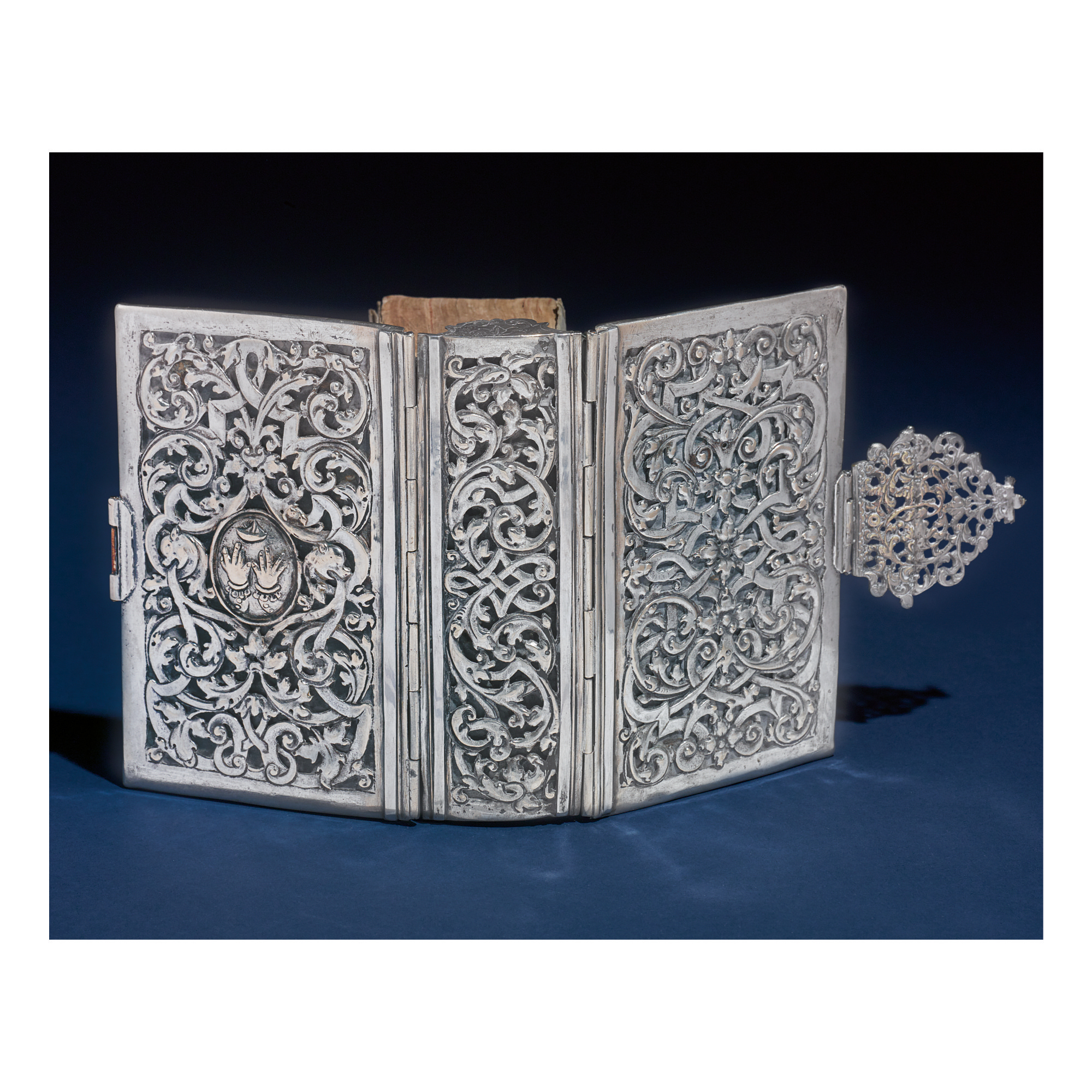A GERMAN SILVER BOOK BINDING, MAKER'S MARK A FLEUR DE LYS WITH TWO ...
