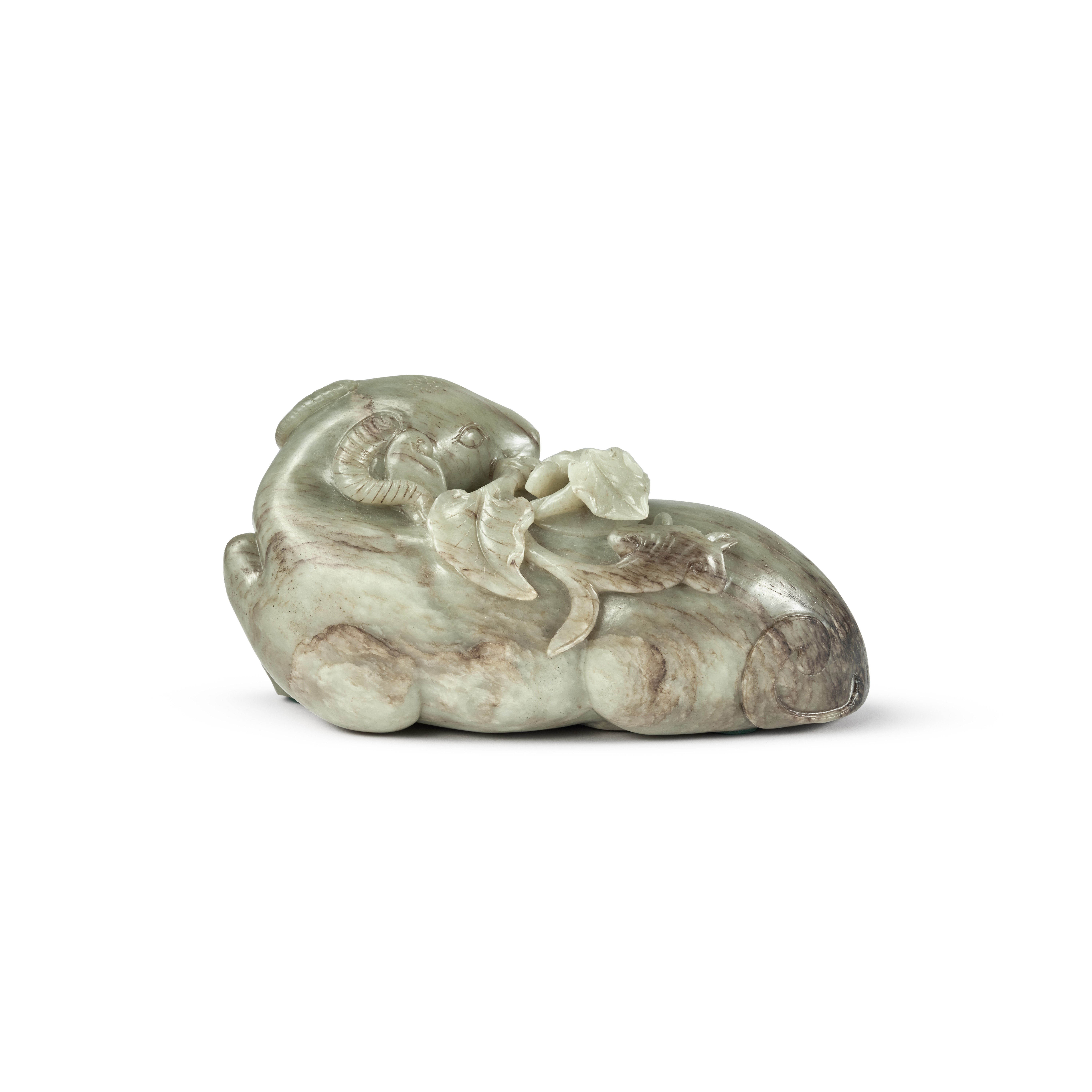 A large celadon and russet jade ram-form water coupe and cover, Qing ...