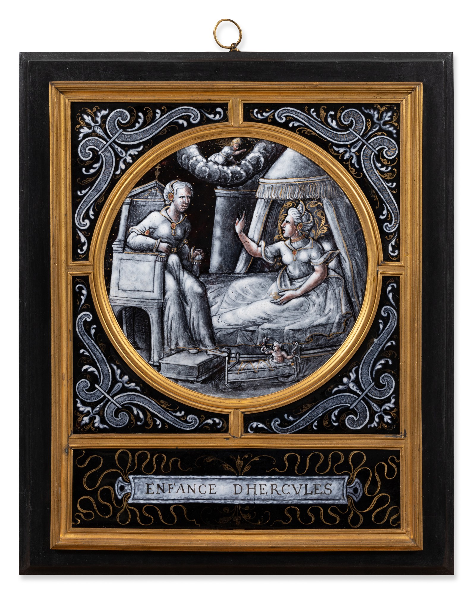 A Limoges grisaille painted enamel medallion with the Birth of Hercules ...