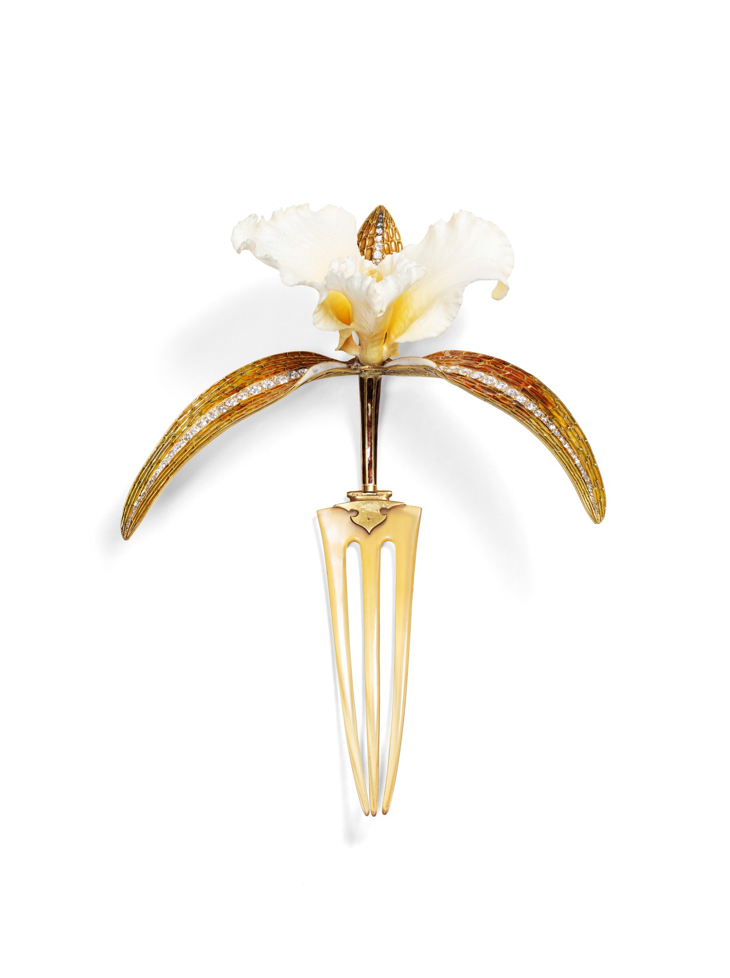 Peigne ivoire, corne, émail et diamants, "Cattleya" | Ivory, horn ...
