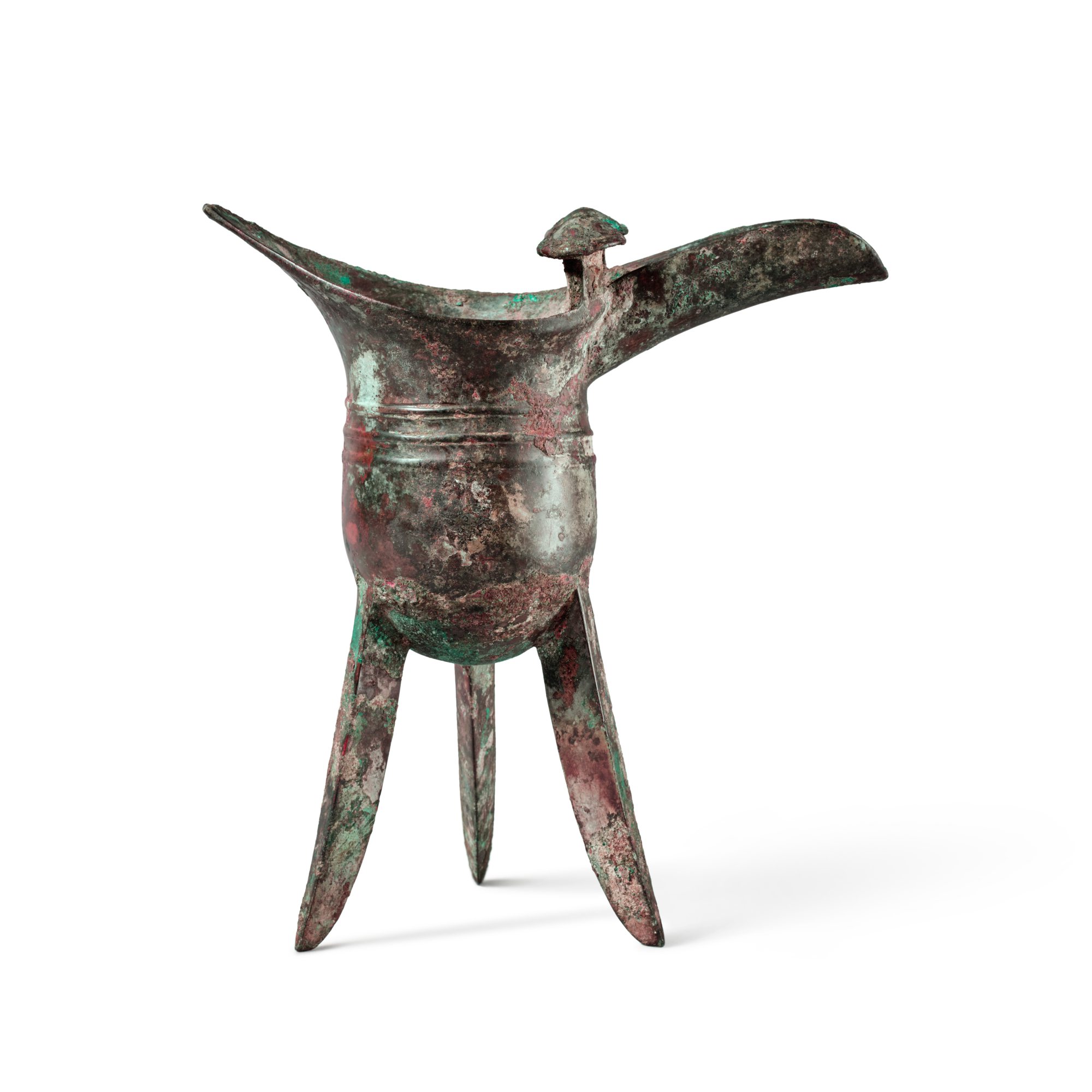 An inscribed archaic bronze ritual wine vessel (Jue), Late Shang ...