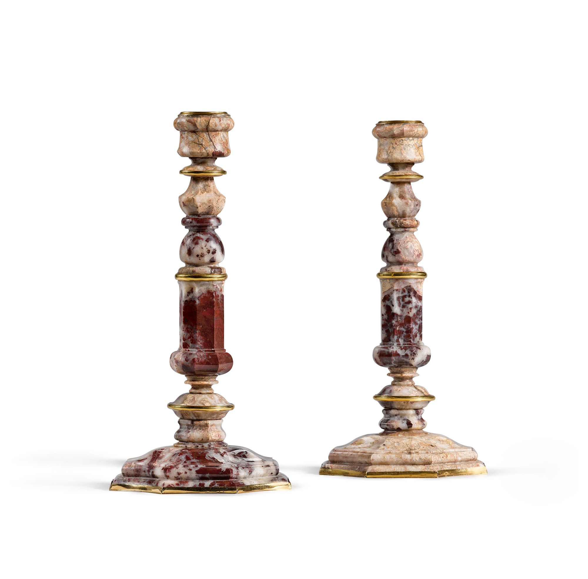 A pair of Russian gold-mounted Urazovsk jasper candlesticks, late 18th ...