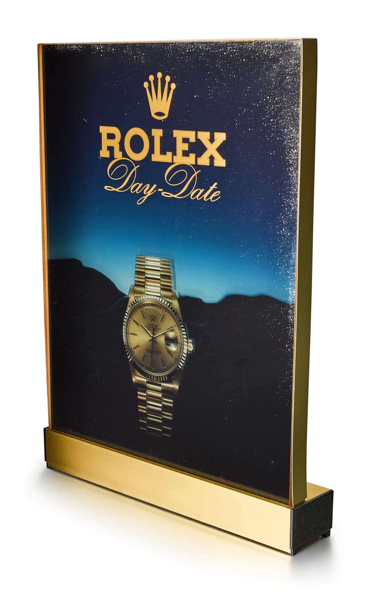ROLEX | DAY-DATE A HEAVY GILT BRASS RETAILER'S LIGHT BOX WITH ...