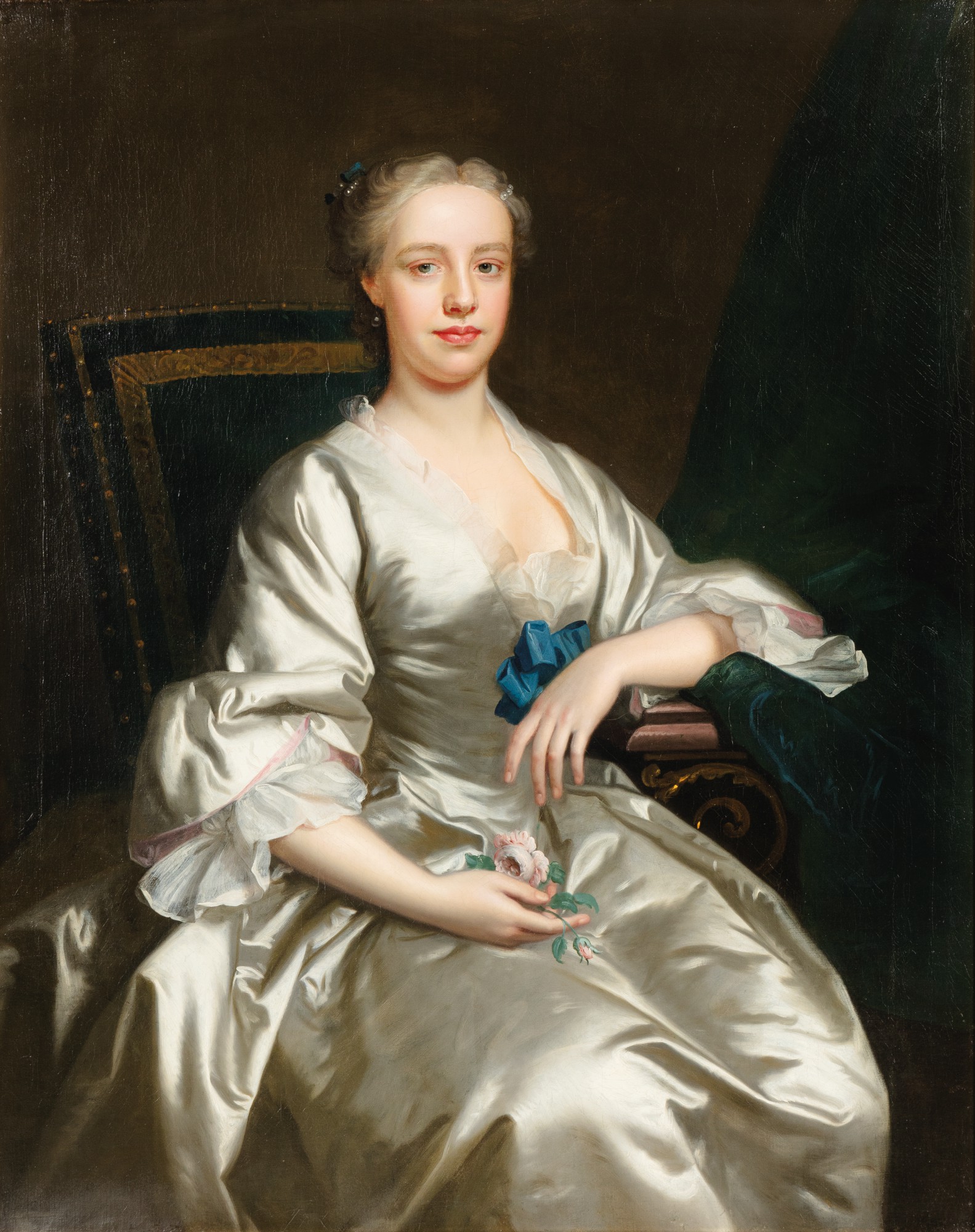 Presumed portrait of Flora MacDonald (1722-1790), three-quarter length, wearing a satin dress ...
