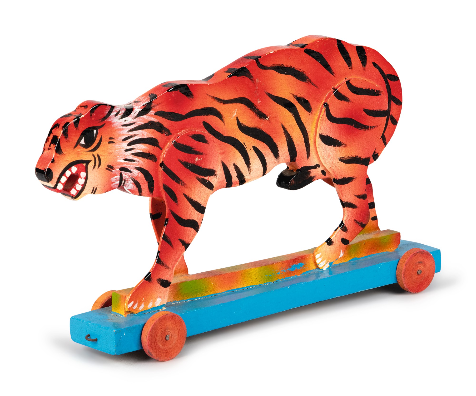 CARVED AND HAND-PAINTED 20th CENTURY INDIAN WOODEN TIGER PULL-TOY ...