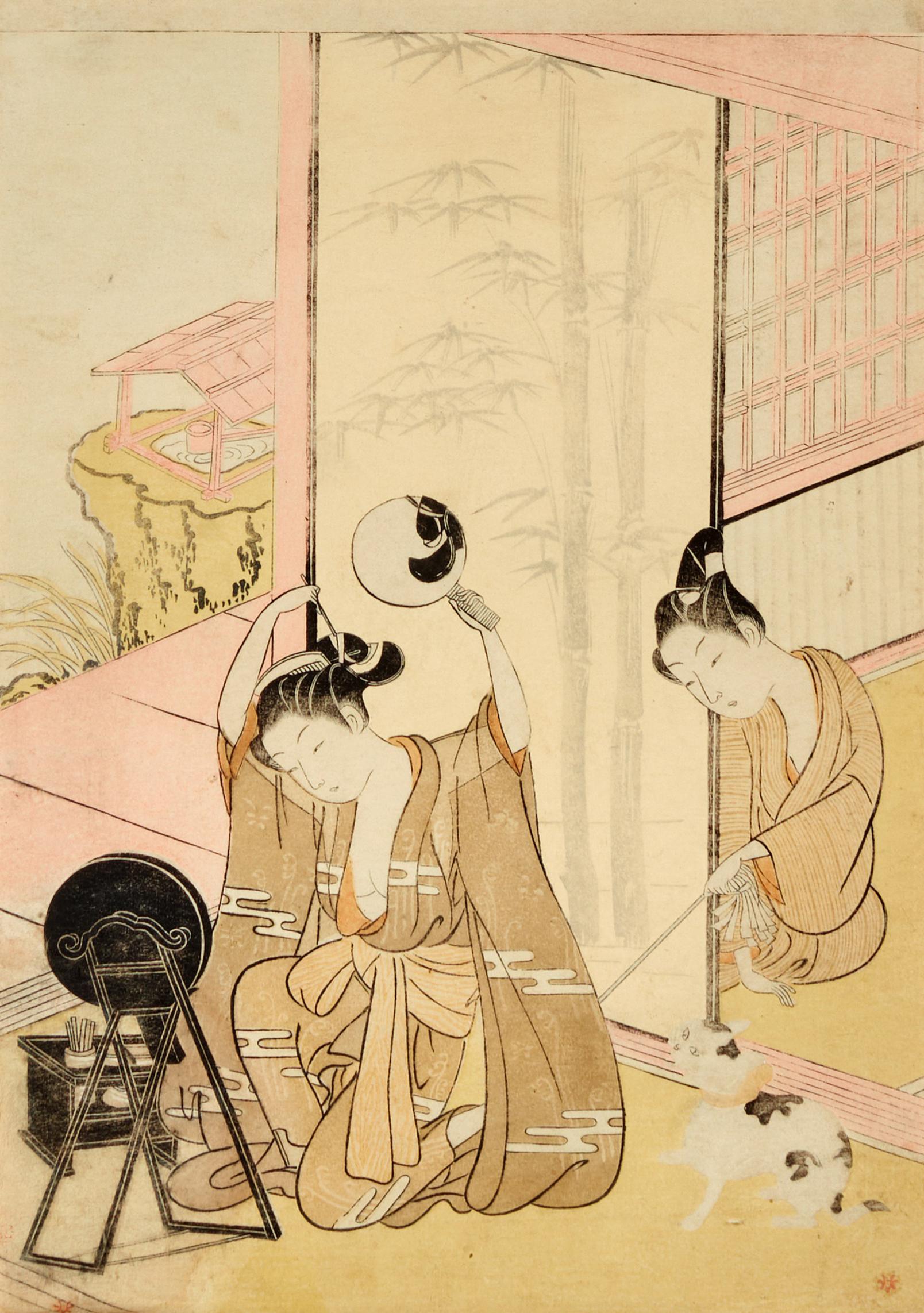 Suzuki Harunobu (1725-1770) | A young woman adjusting her hair in a mirror | Edo period, 18th ...