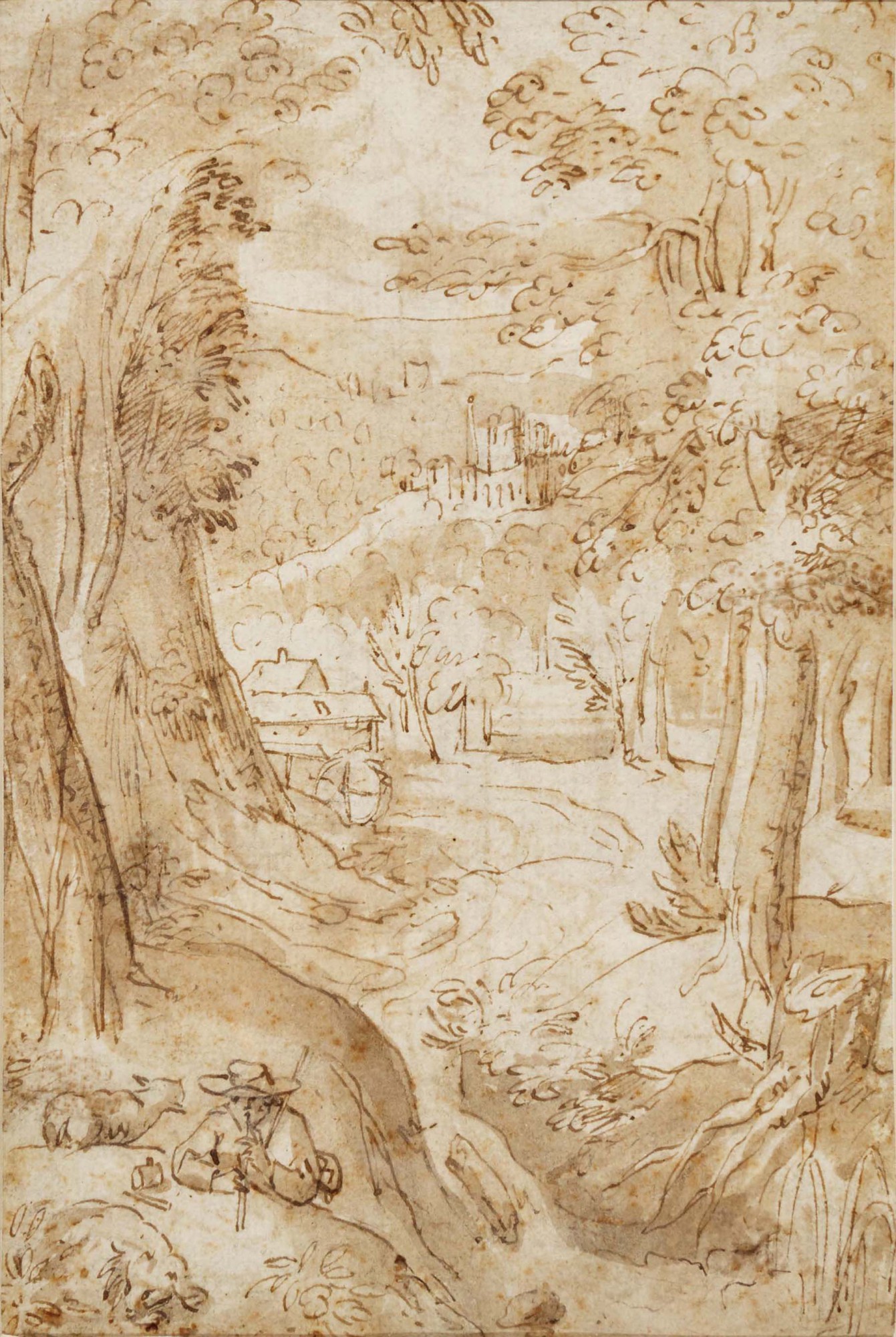 FLEMISH SCHOOL, LATE 16TH CENTURY | RECTO: HILLY LANDSCAPE WITH TREES AND A SHEPHERD WITH HIS ...