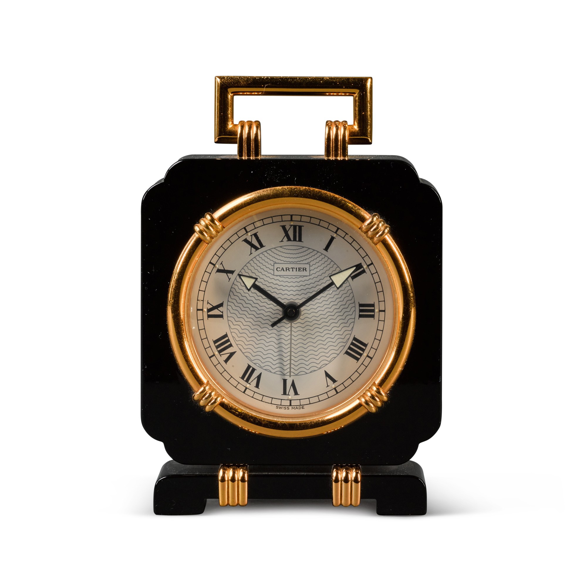 A Cartier gilt-mounted black lacquered quartz alarm clock, Swiss, circa ...