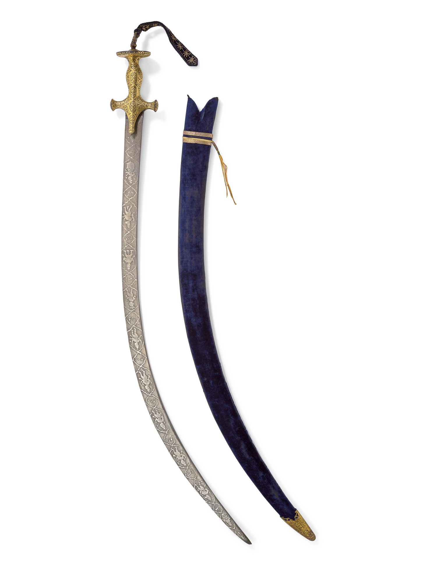 A steel-hilted sword (talwar) and scabbard, the blade with the ten ...
