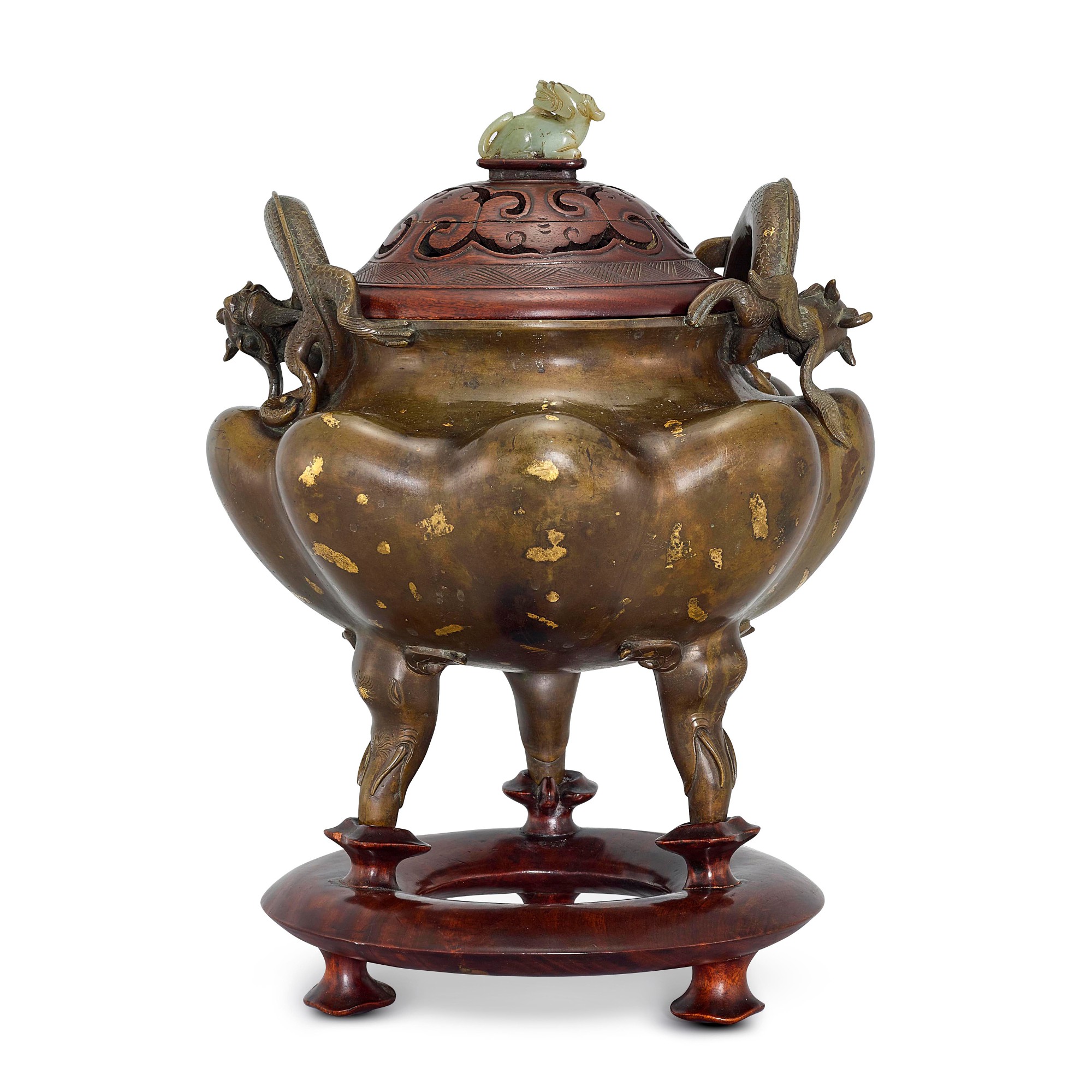 A LARGE GOLD-SPLASHED BRONZE 'CHILONG' INCENSE BURNER LATE MING DYNASTY ...