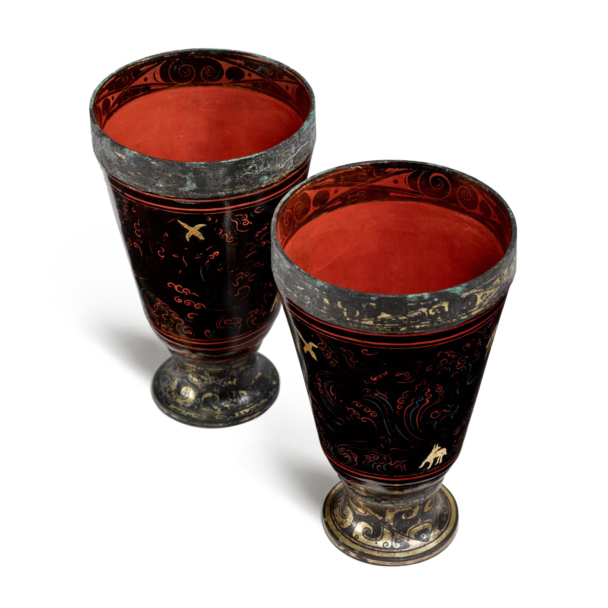 A pair of gold foil-embellished and painted-lacquer goblets with gold ...