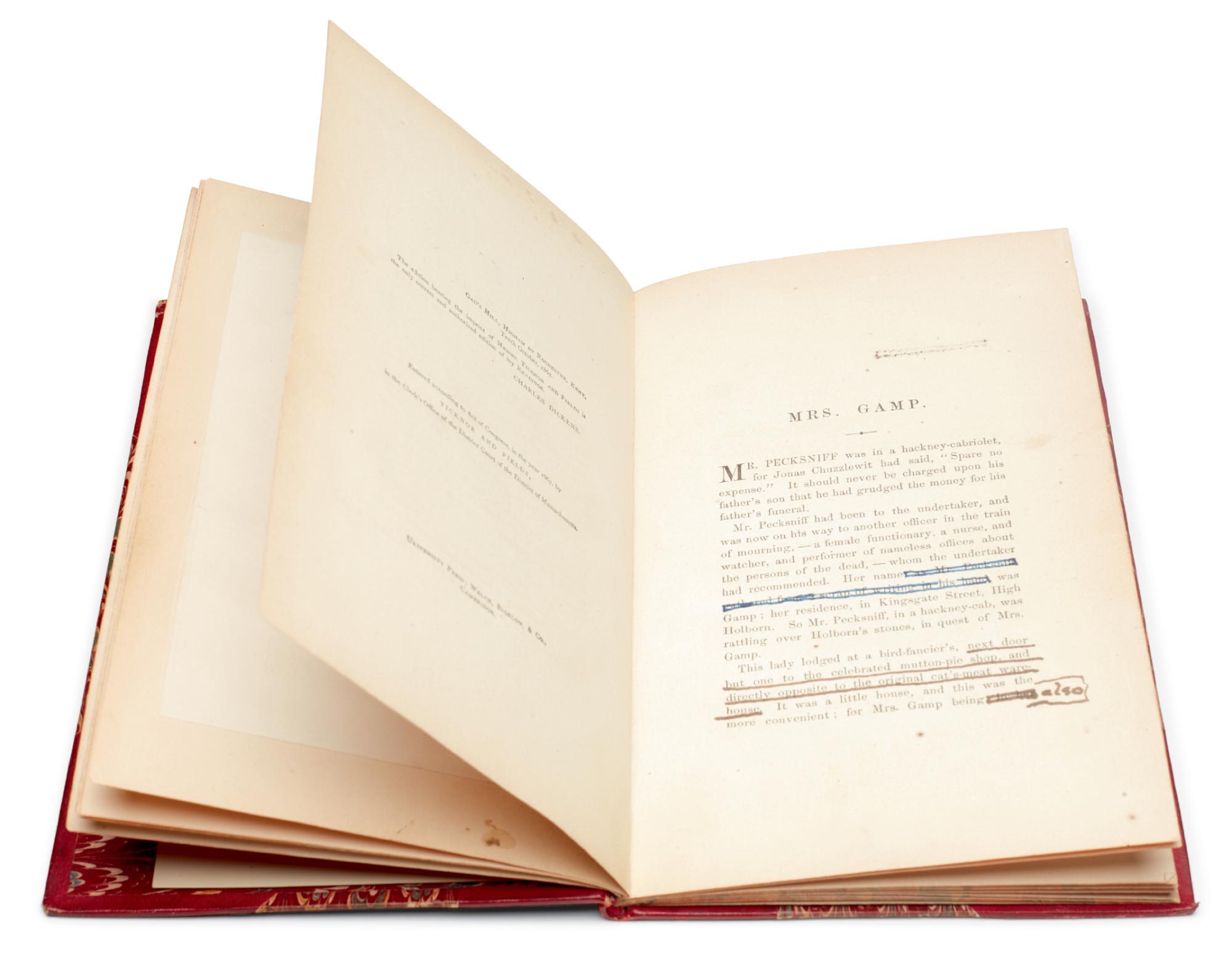 Dickens, Mrs. Gamp,1868, author's annotated reading copy, inscribed to ...