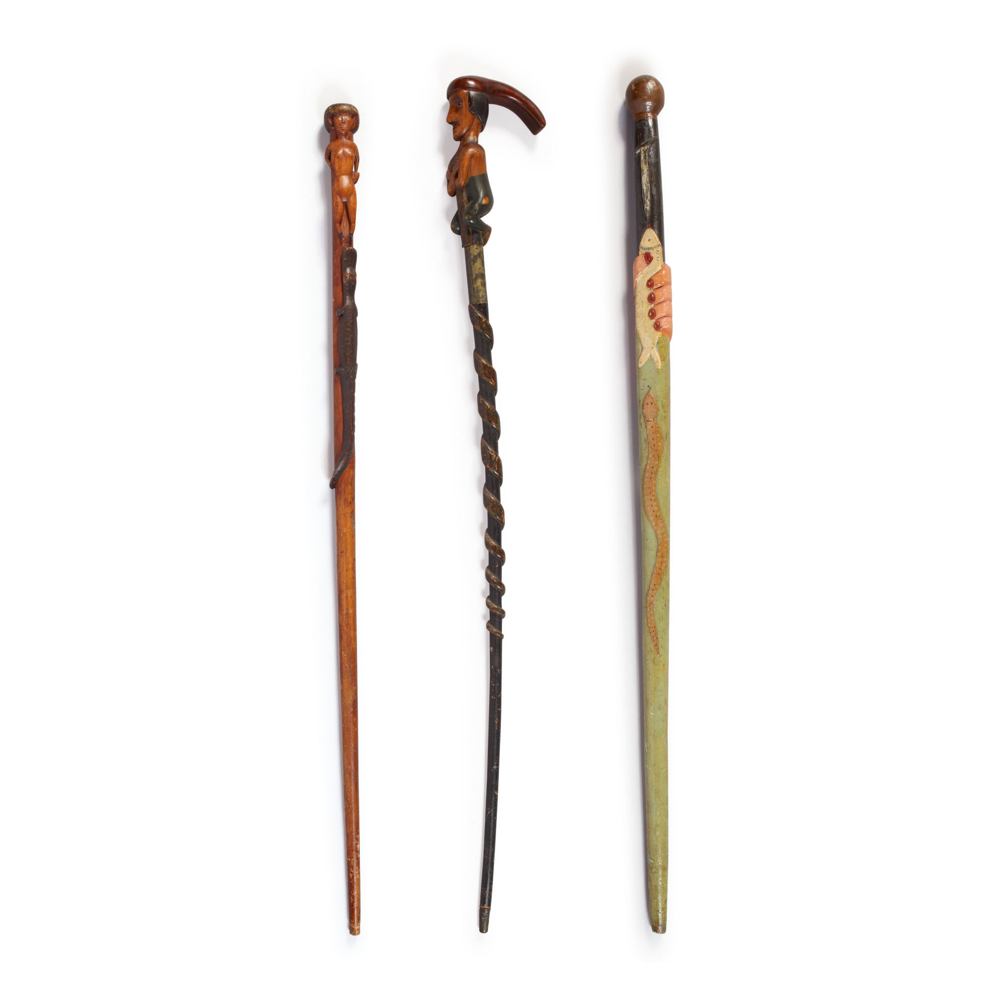 THREE CARVED AND POLYCHROME PAINT-DECORATED WALKING STICKS, AMERICA ...