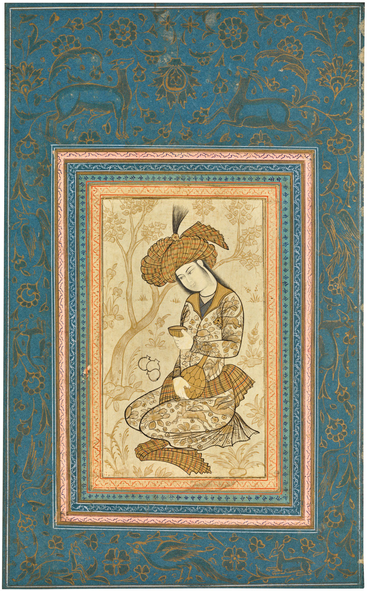 A SEATED YOUTH WITH A WINE CUP, PERSIA, QAJAR, SAFAVID STYLE, SECOND ...