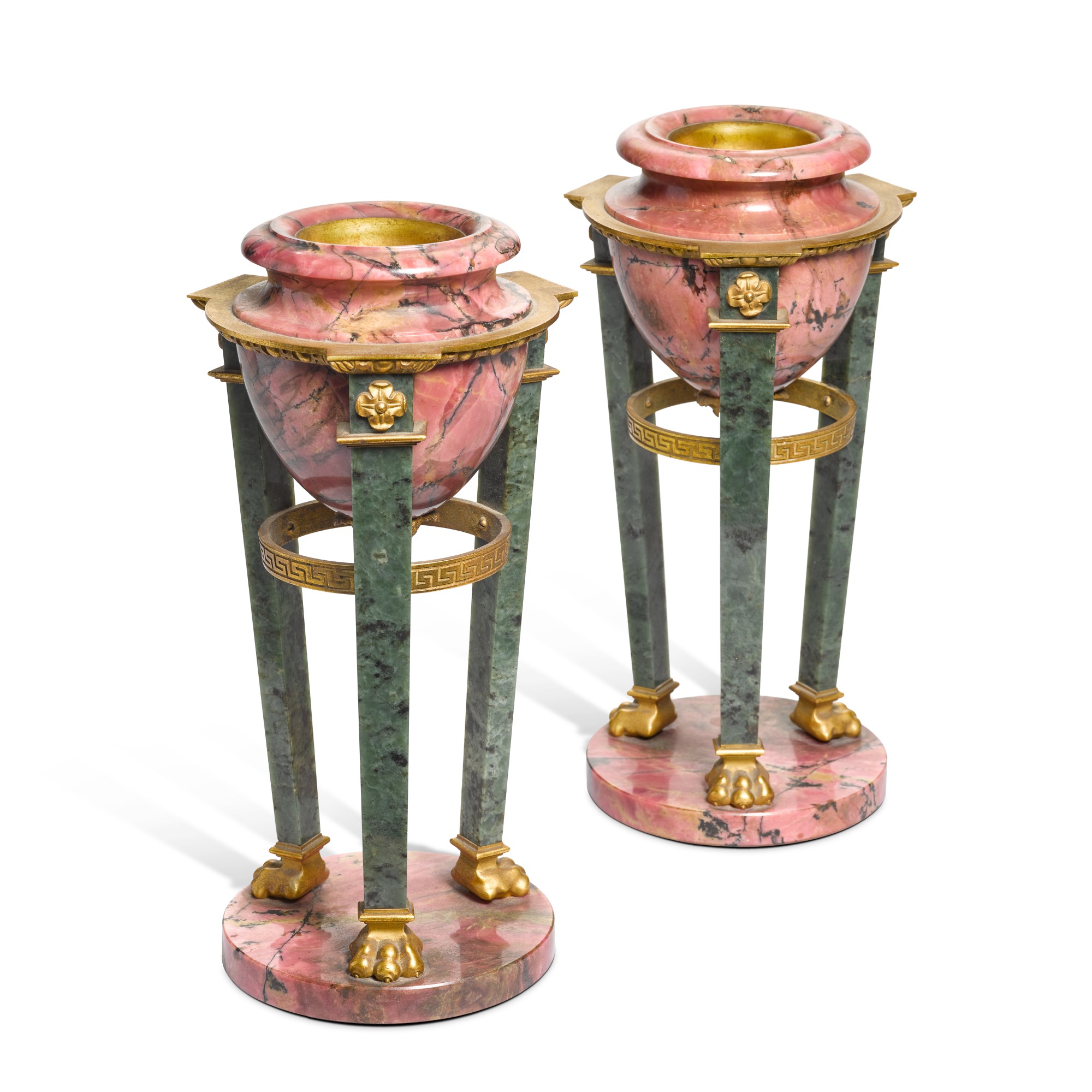A pair of gilt-bronze rhodonite and nephrite athéniennes, after a ...