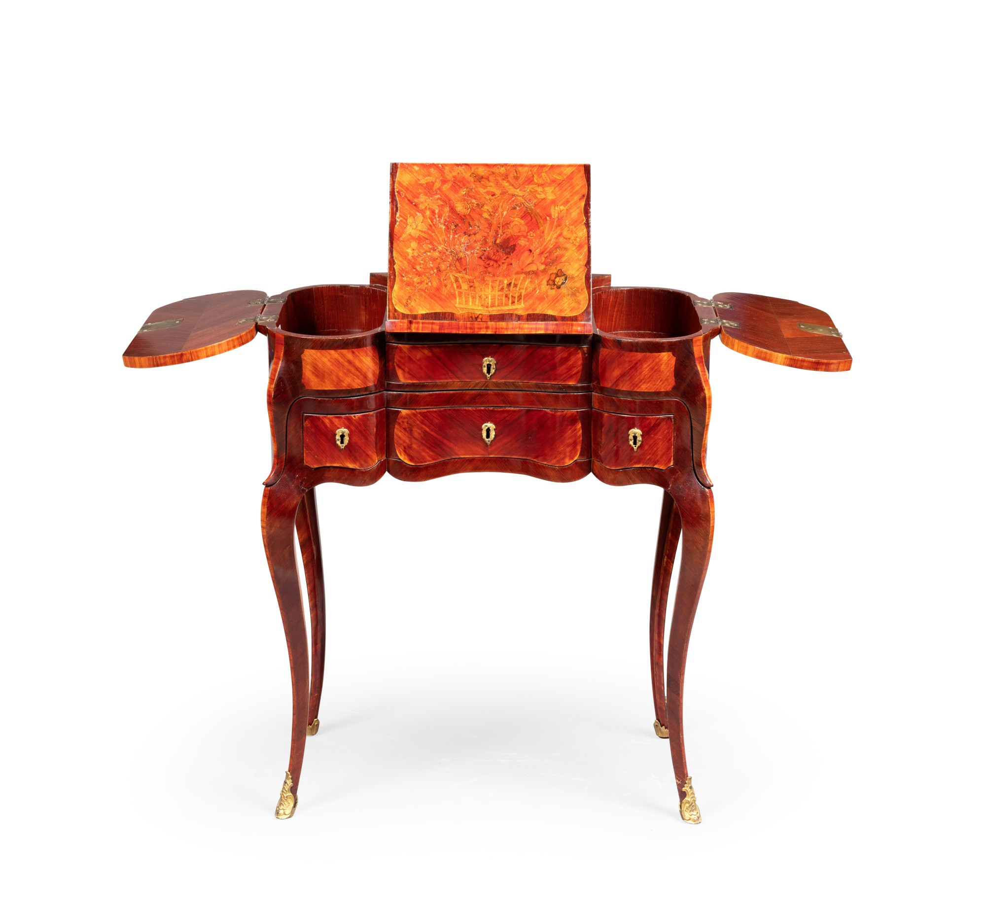 A Louis XV style tulipwood, amaranth, mahogany, holly and floral marquetry table d'accouchée ...