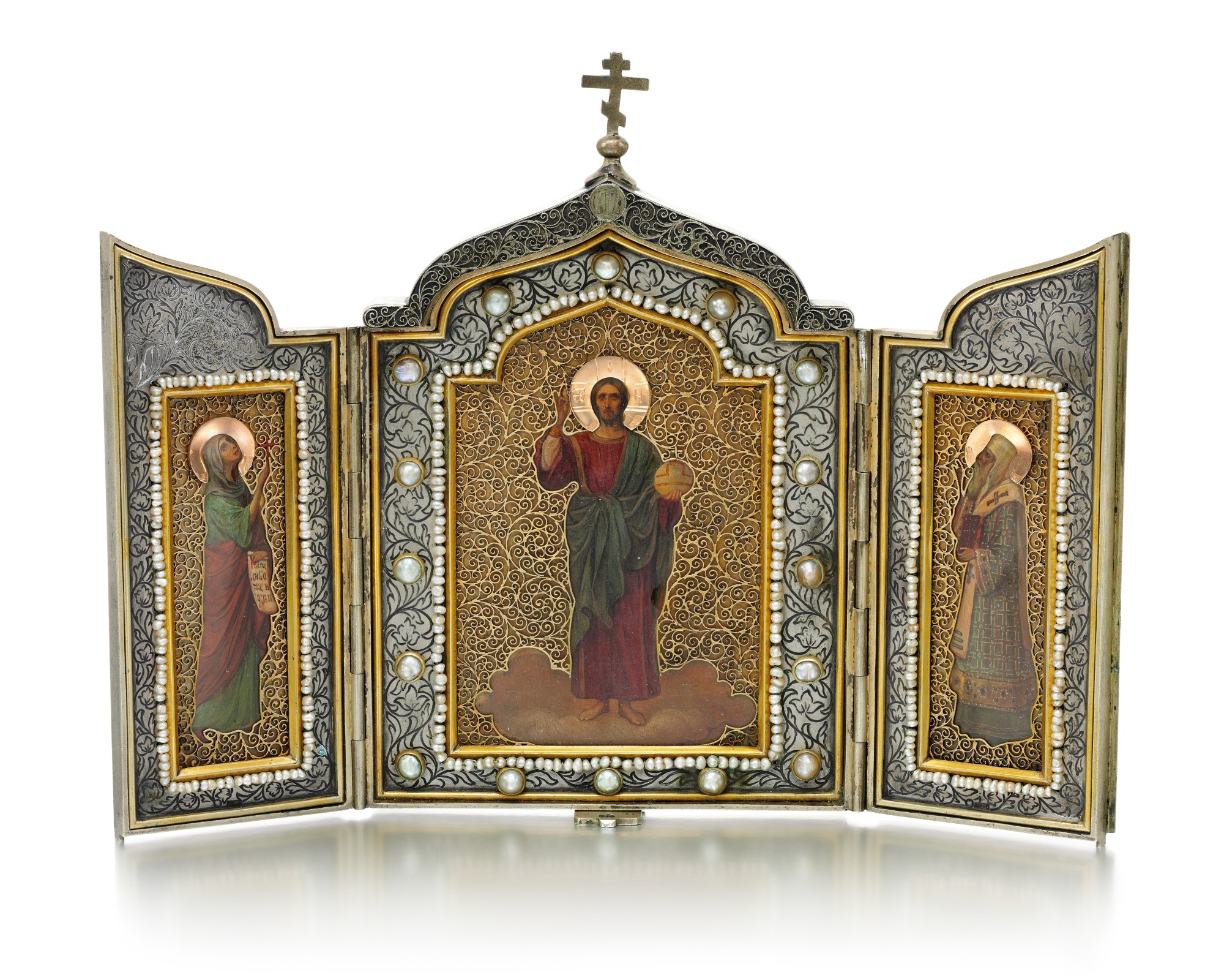 A PARCEL-GILT GOLD, SILVER AND PEARL-SET TRIPTYCH ICON, OLOVYANISHNIKOV AND SONS, MOSCOW, 1908 ...
