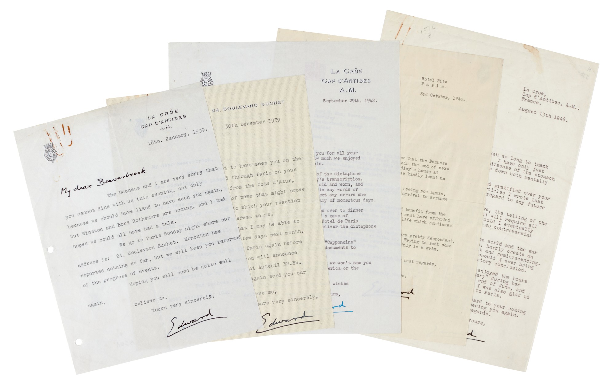Edward, Duke of Windsor | Five letters signed, to Viscount Beaverbrook ...