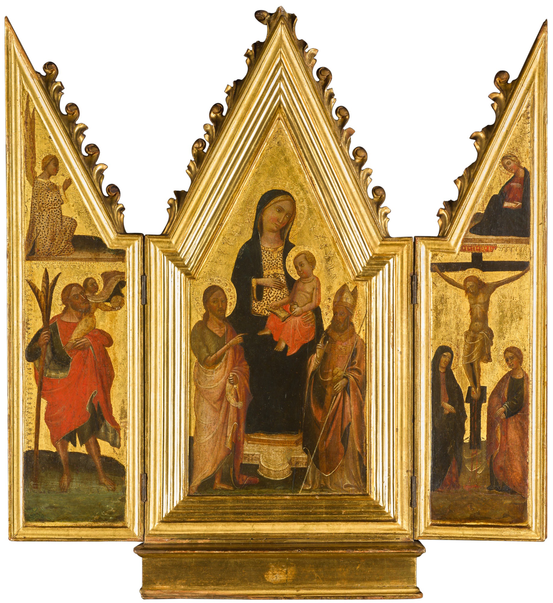 A portable triptych: The Madonna and Child flanked by saints (central panel); Saint Christopher ...