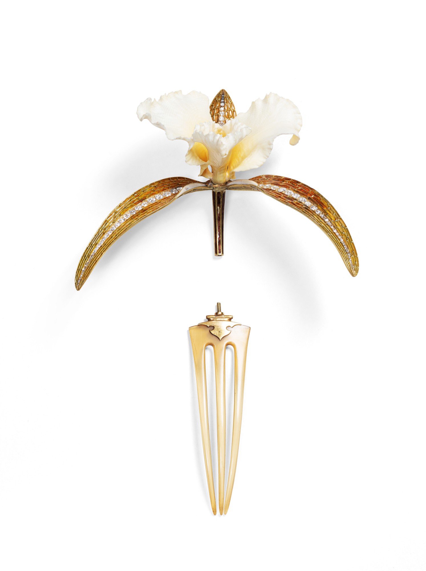 Peigne ivoire, corne, émail et diamants, "Cattleya" | Ivory, horn ...