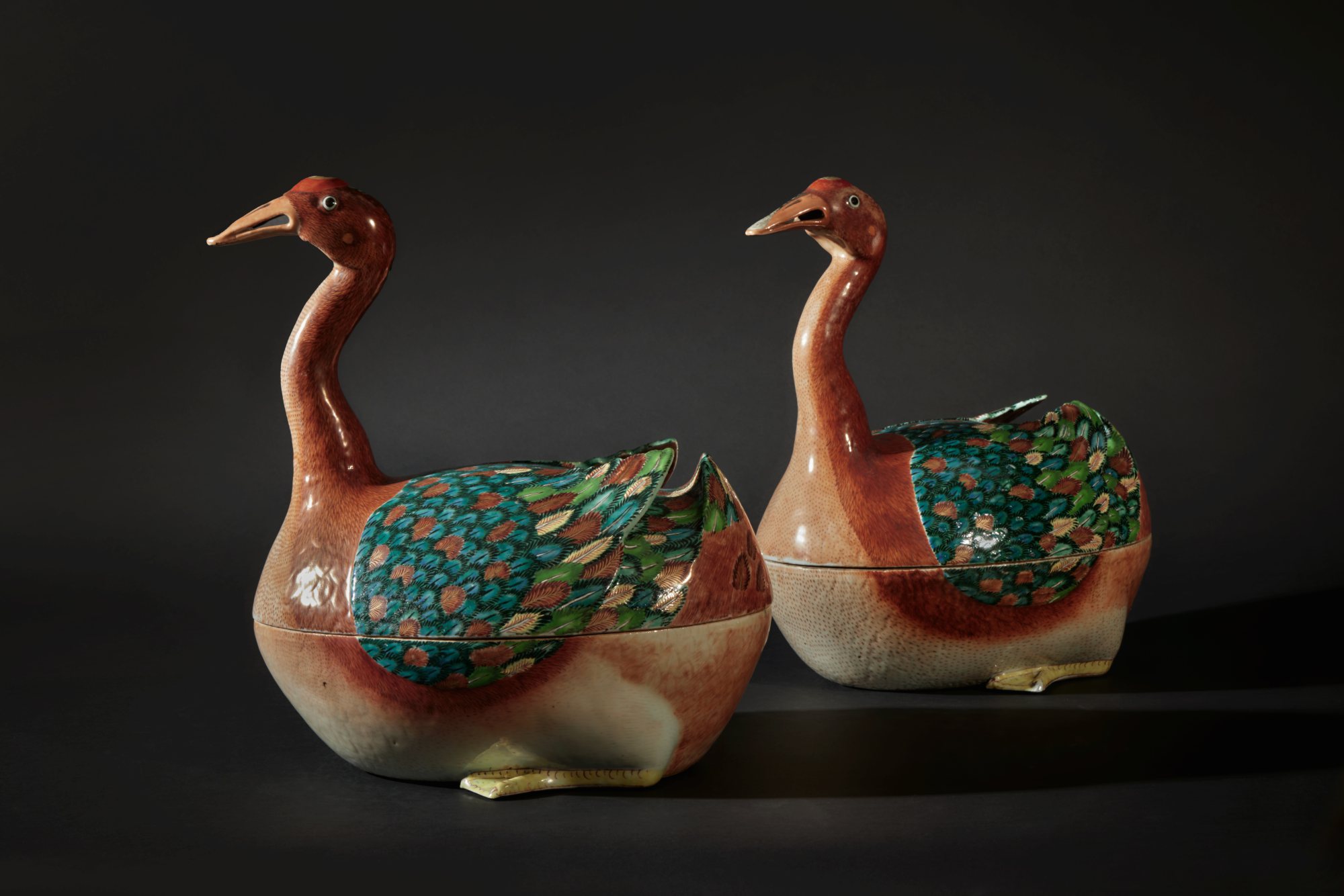 An Extremely Rare Pair of Chinese Export Famille-Rose Goose-Form ...