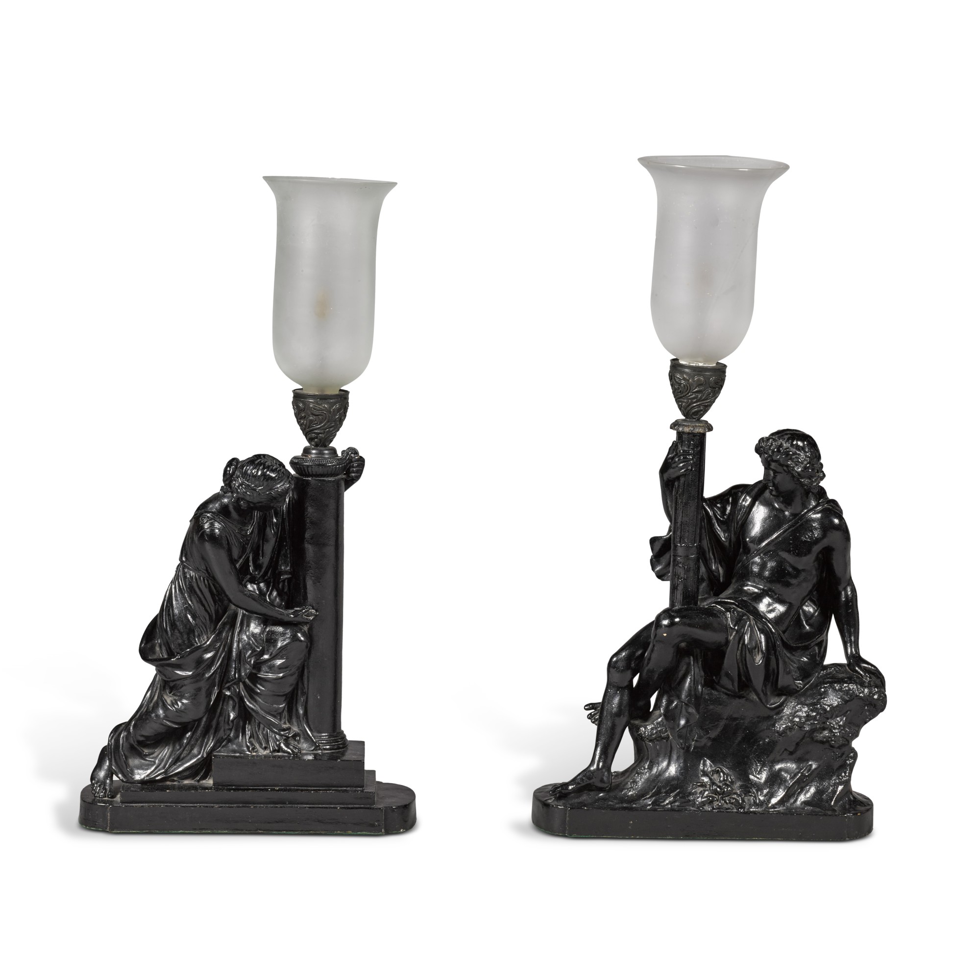A pair of George III bronzed Coade stone lamps, late 18th century ...