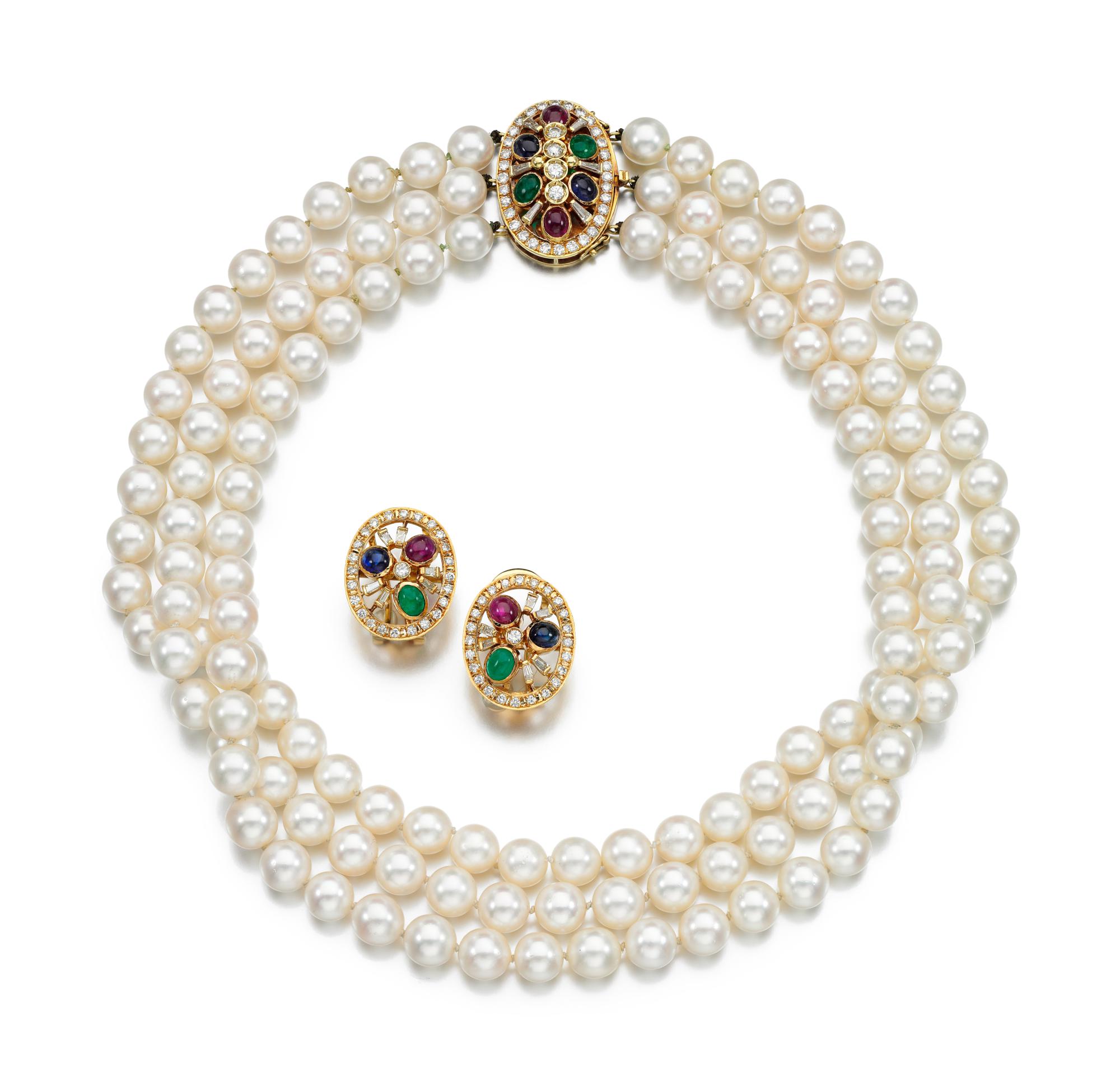 CULTURED PEARL, GEM SET AND DIAMOND DEMI-PARURE | Fine Jewels Online ...