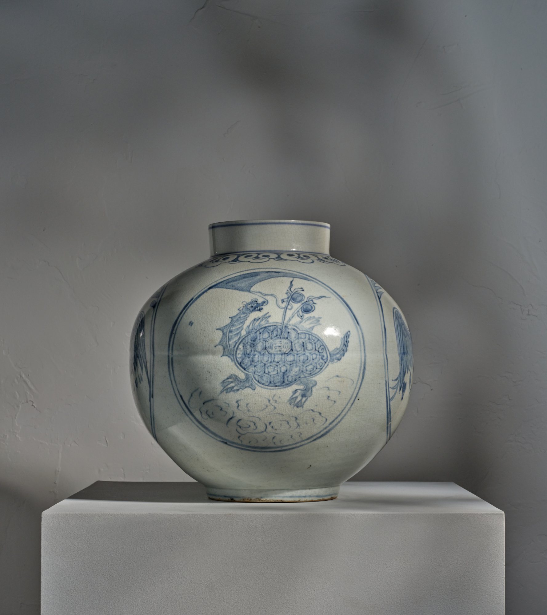 A blue and white 'crane and tortoise' ovoid jar, Joseon dynasty, 18th ...