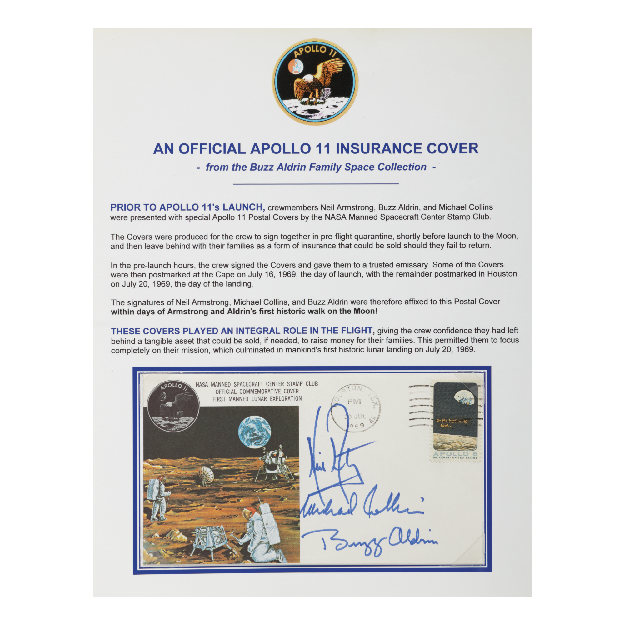 [APOLLO 11]. CREW SIGNED ALDRIN FAMILY INSURANCE COVER | Space ...